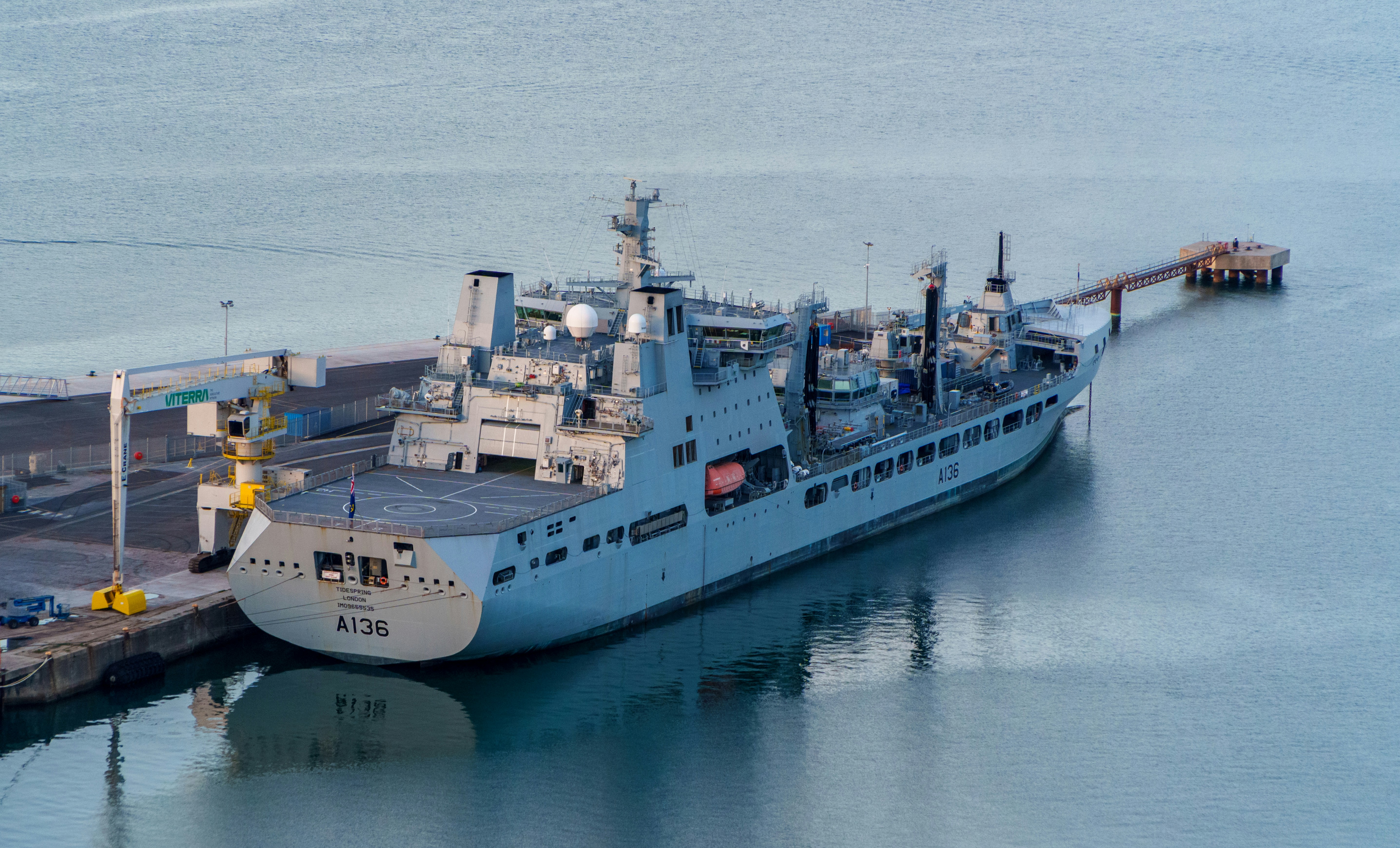 A British Navy ship is moored up at the Isle of Portland.