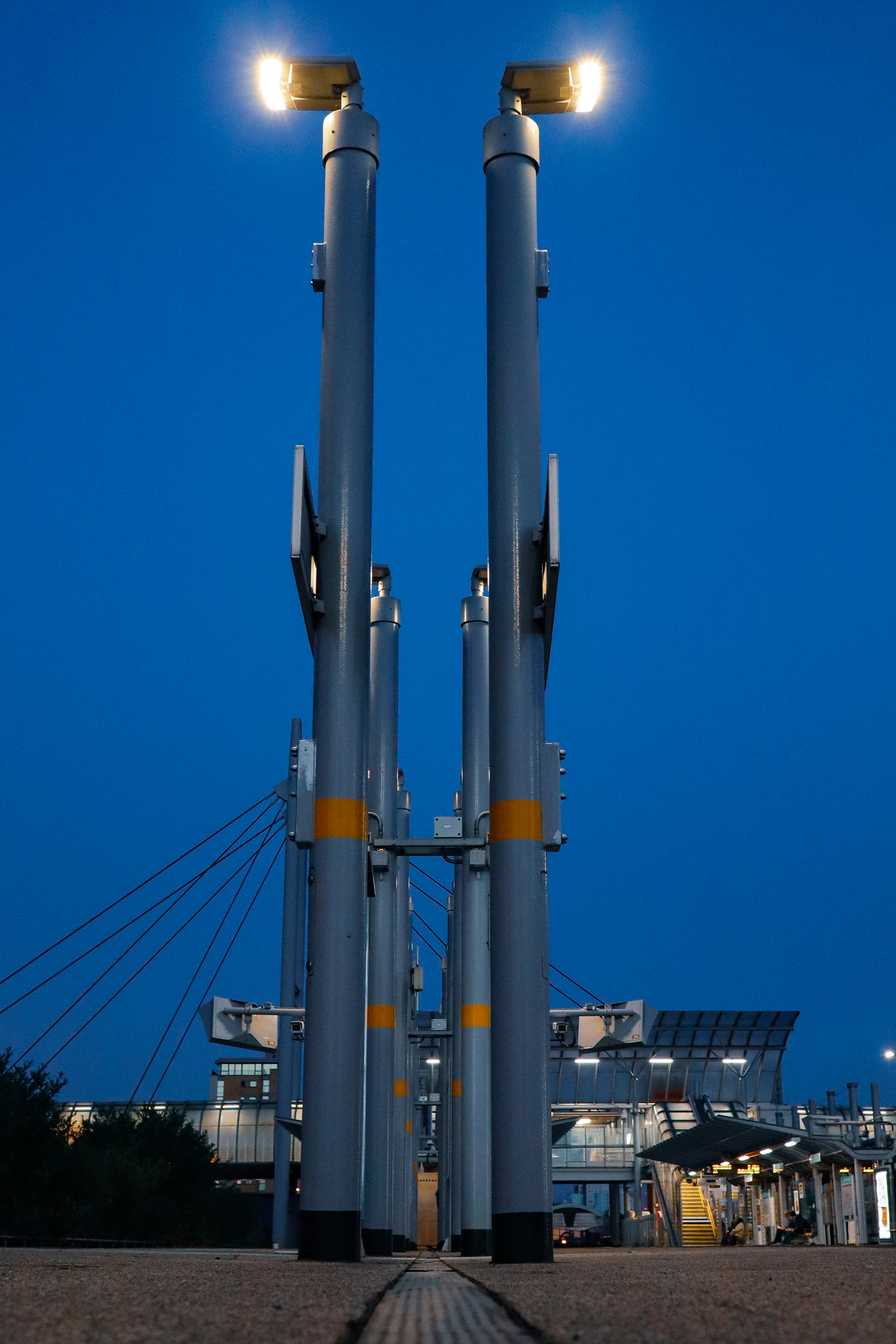 Twin Lamp Towers at Dusk: Vertical Beams Reaching into a Velvet Sky