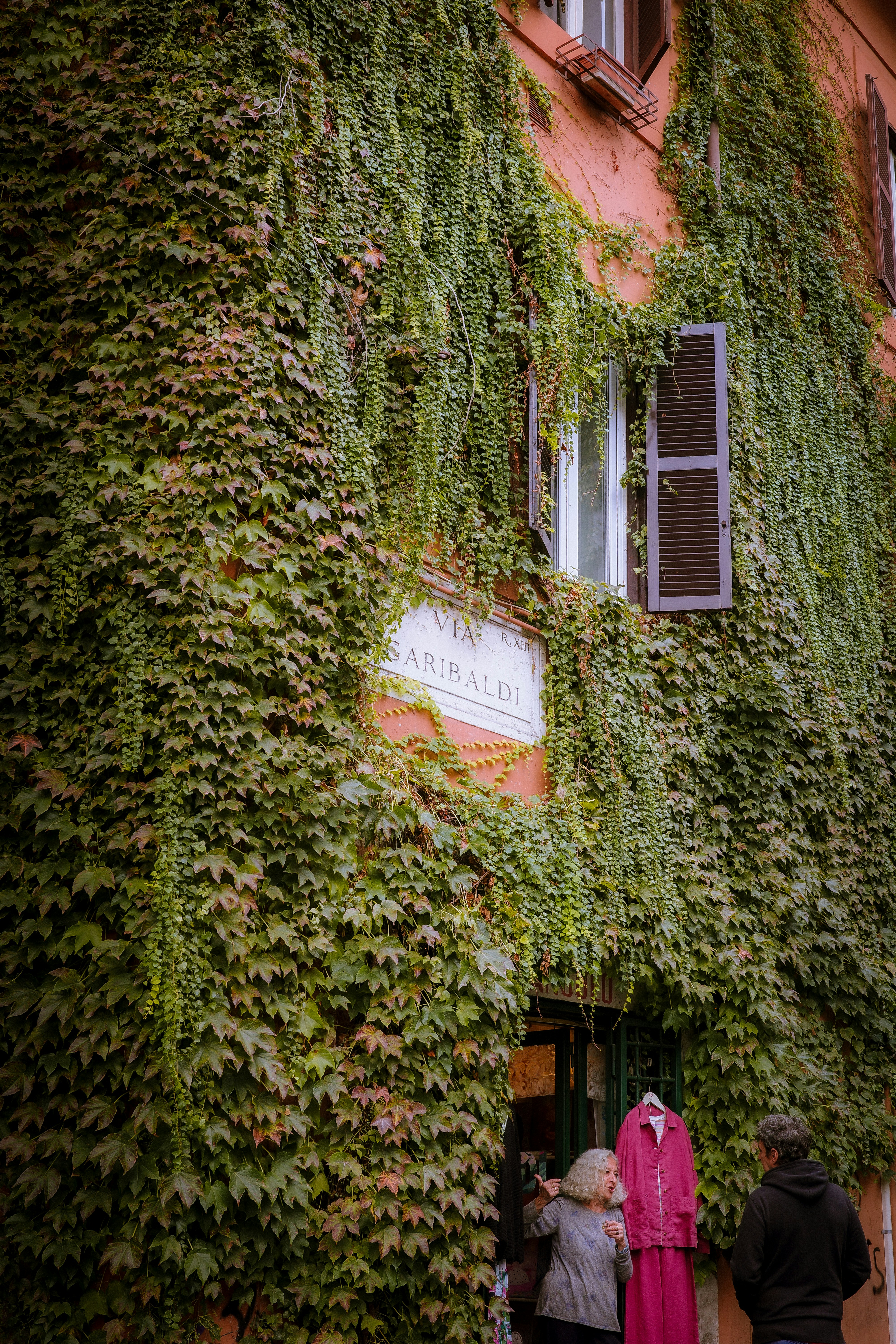 A group of people standing outside of a building covered in ivy