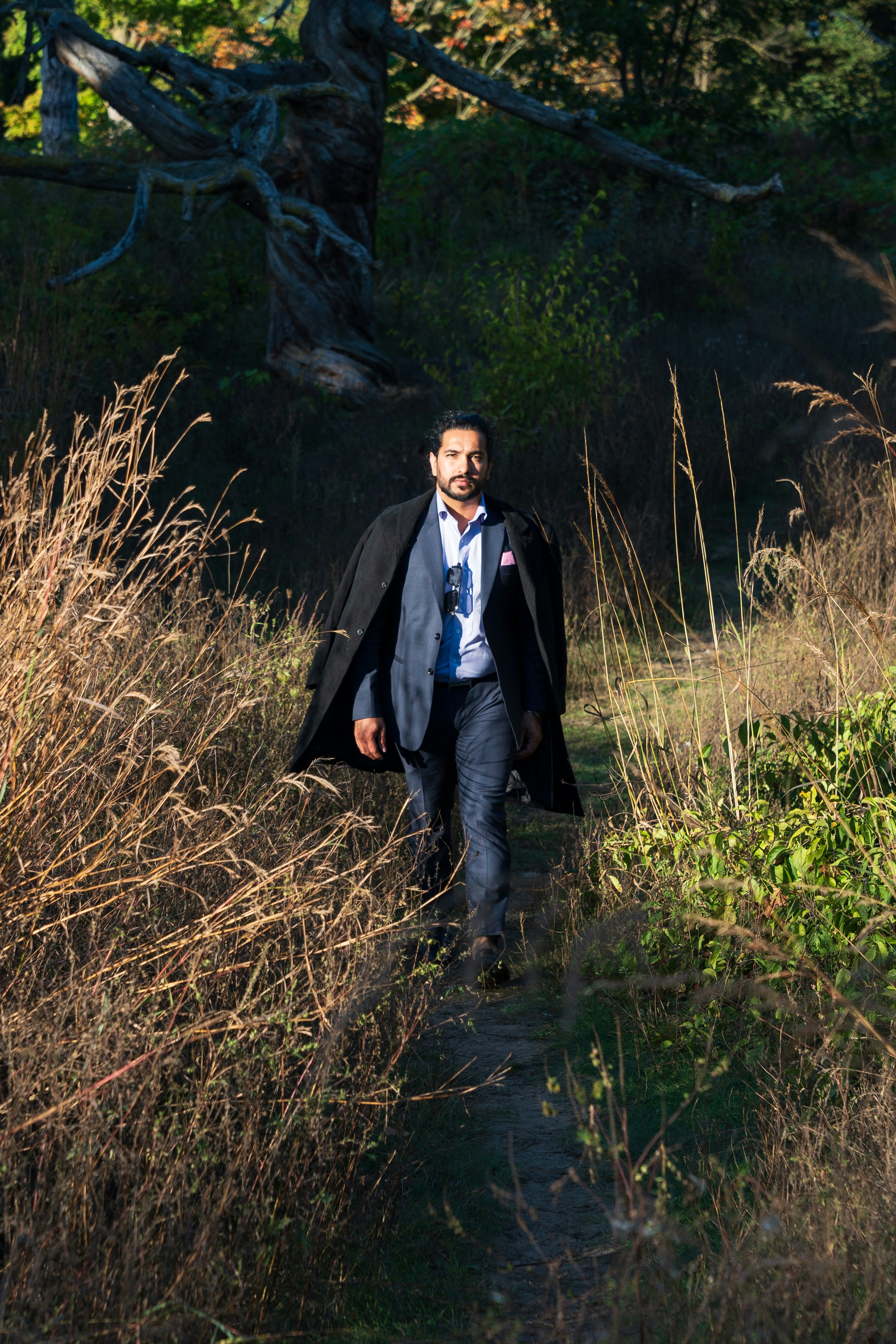 A Gentleman Emerges Through a Sunlit Grass Corridor
