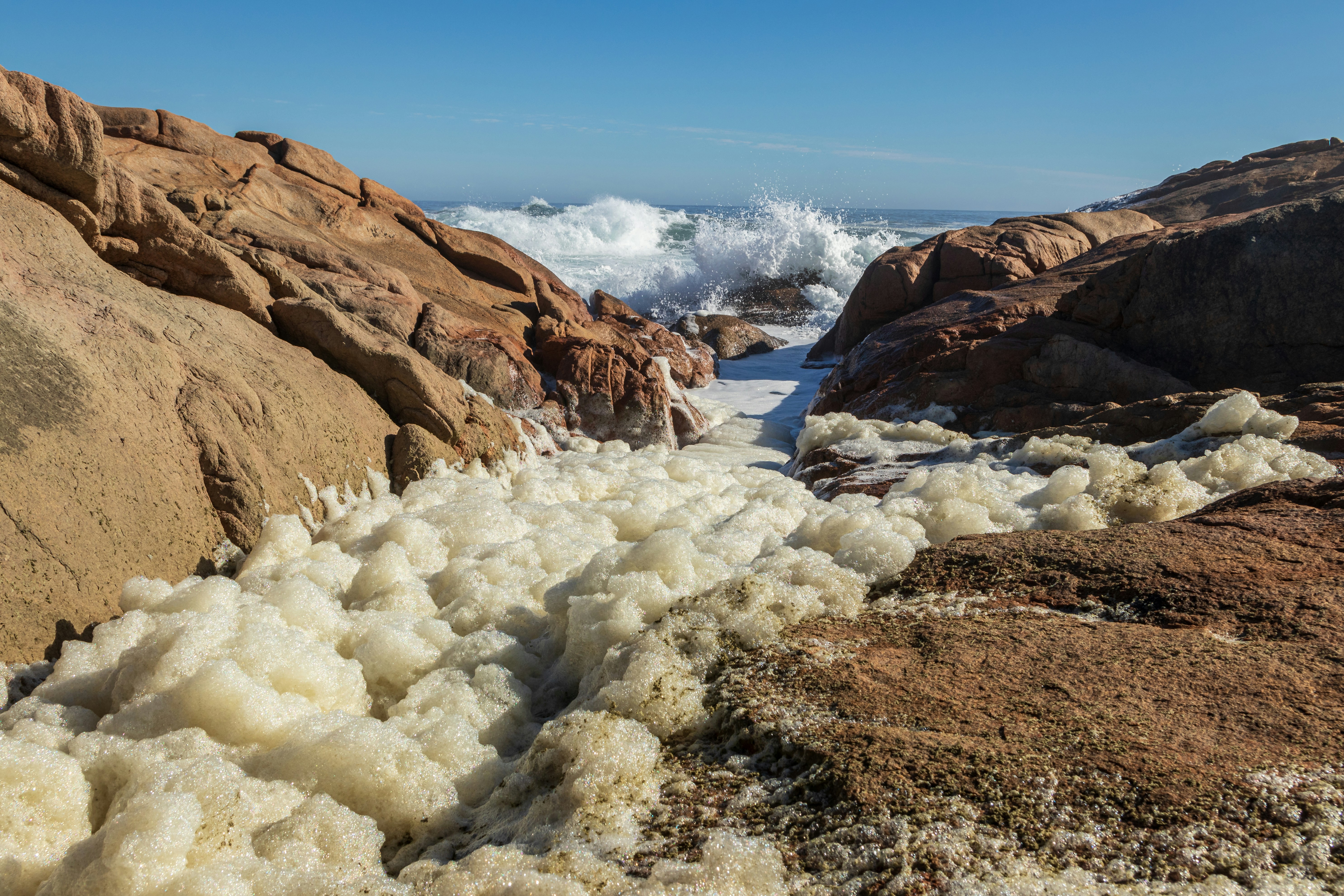 Foamy tidal spill between sunlit sandstone cliffs