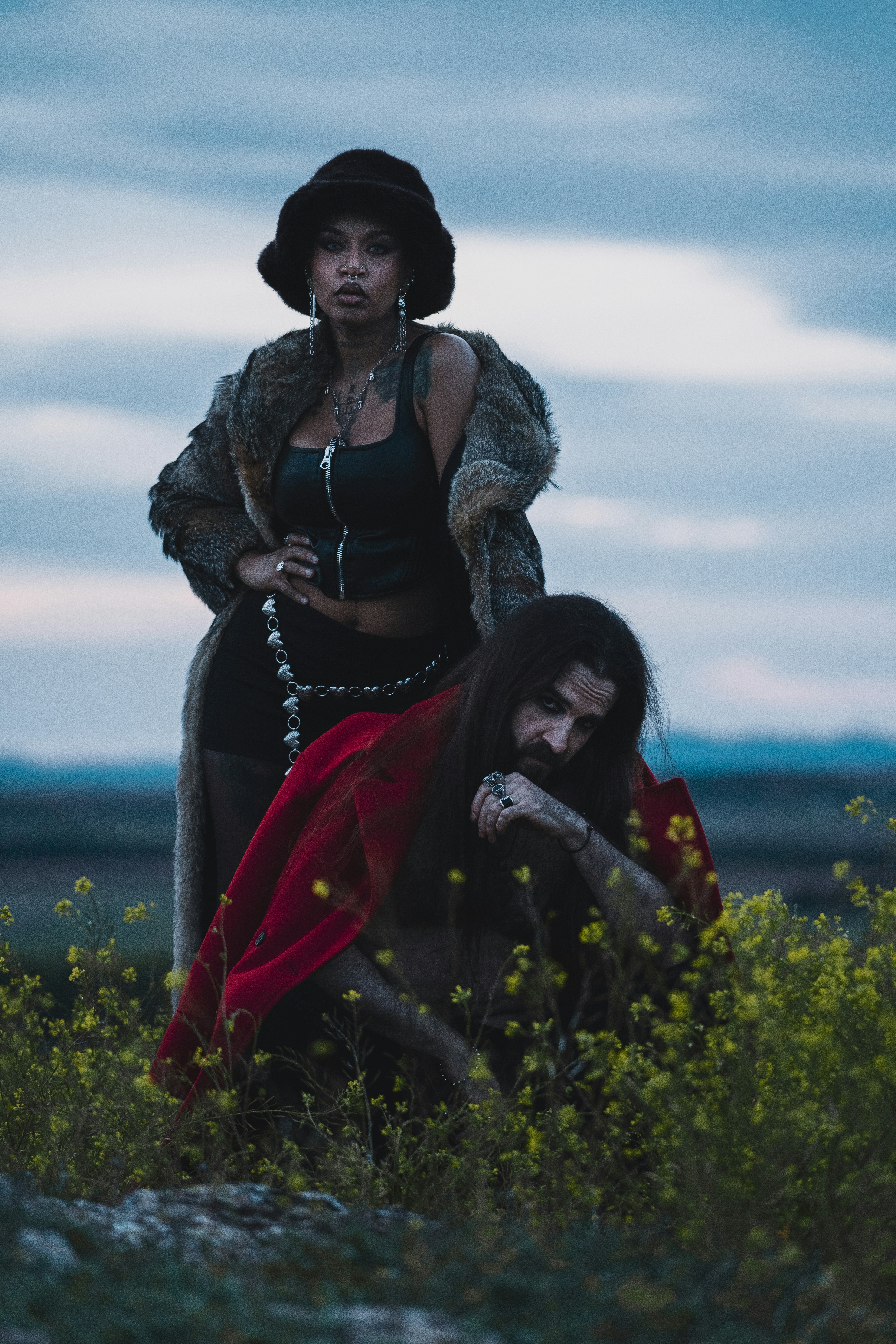 Dusk Reverie: Fur, Velvet, and a Crimson Cloak in a Wind-Swept Field