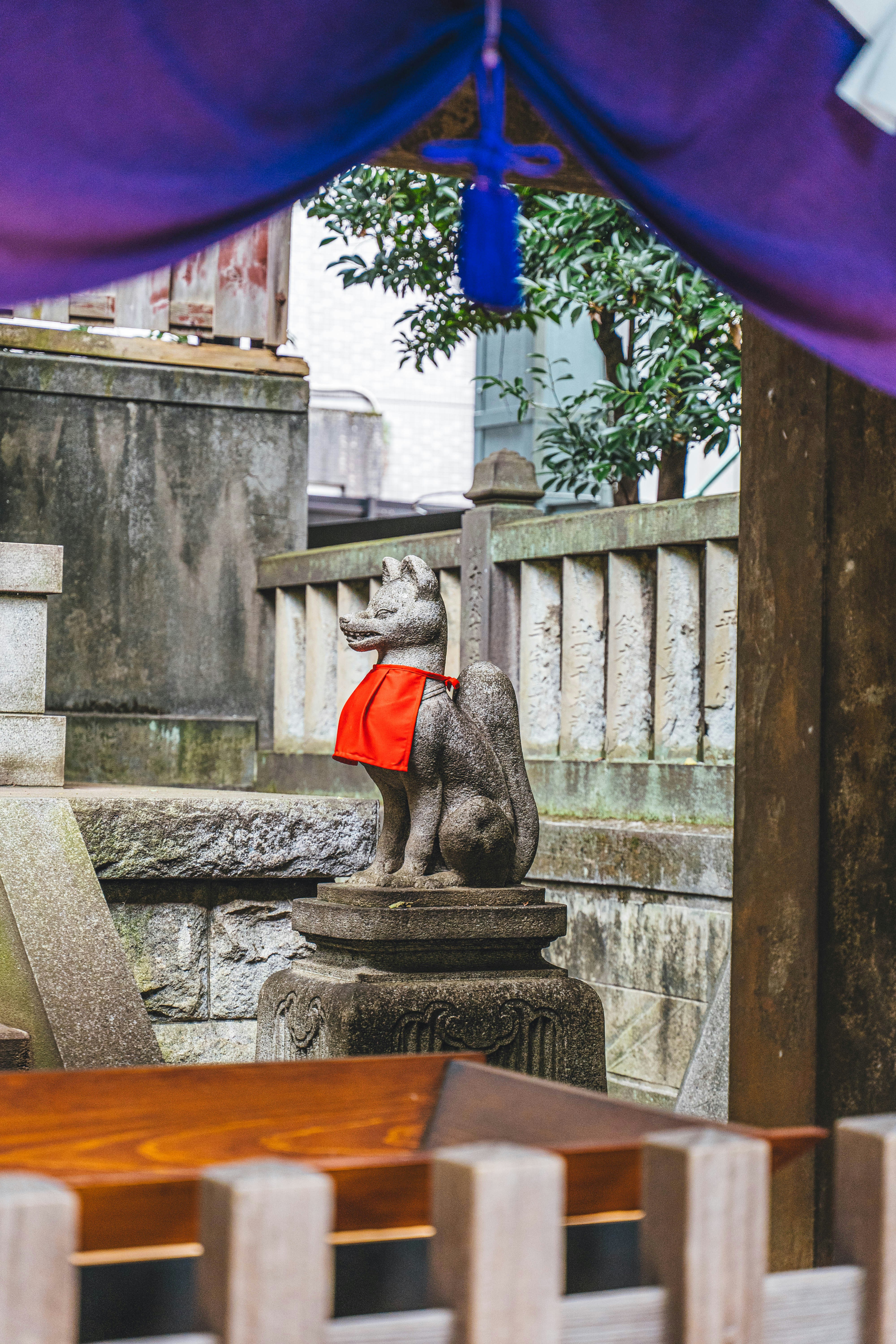 Red Cloth Guardian: A Stone Fox Blessing in a Quiet Shrine