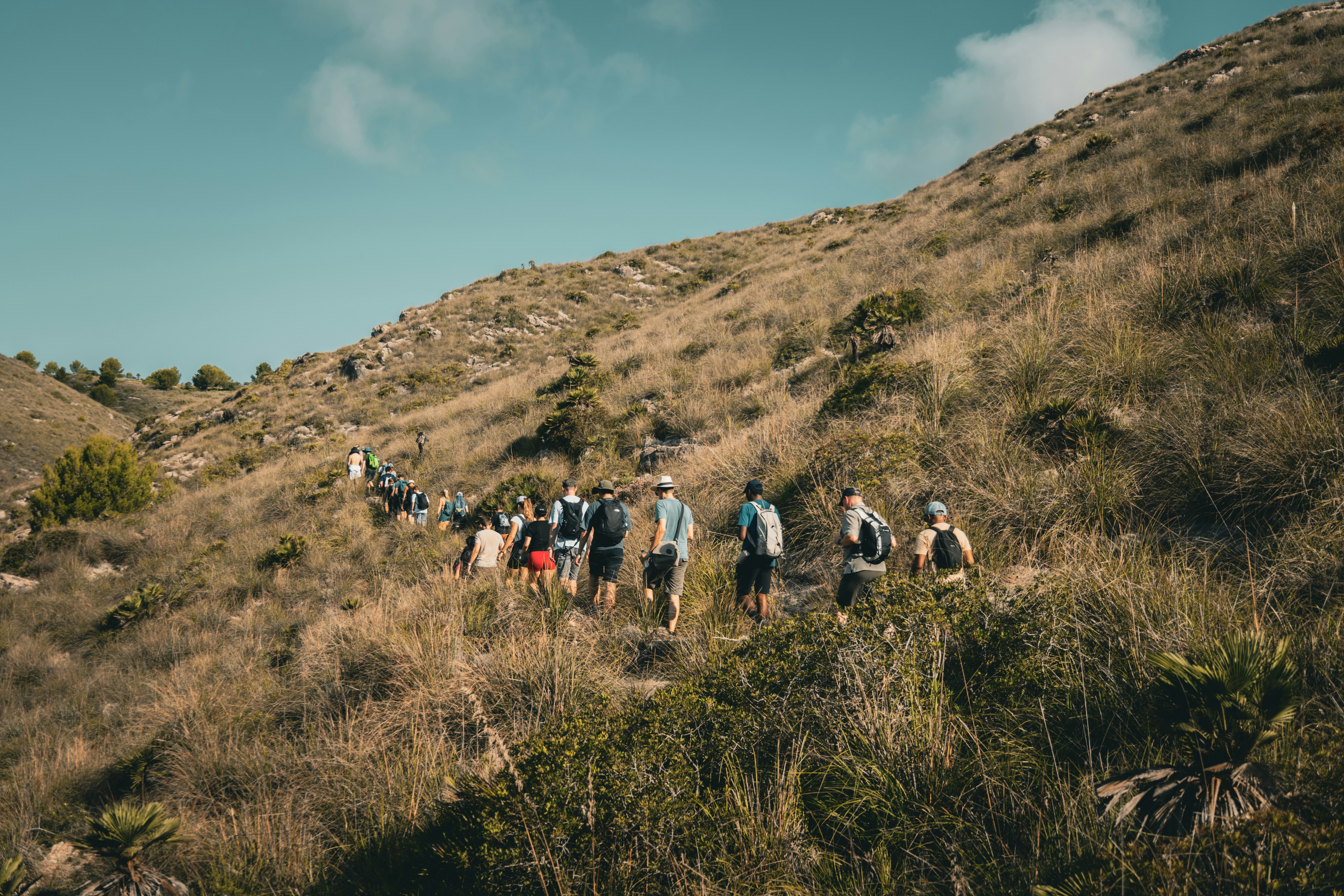 Un grupo de personas subiendo una colina foto – Imagen de Montaña ...