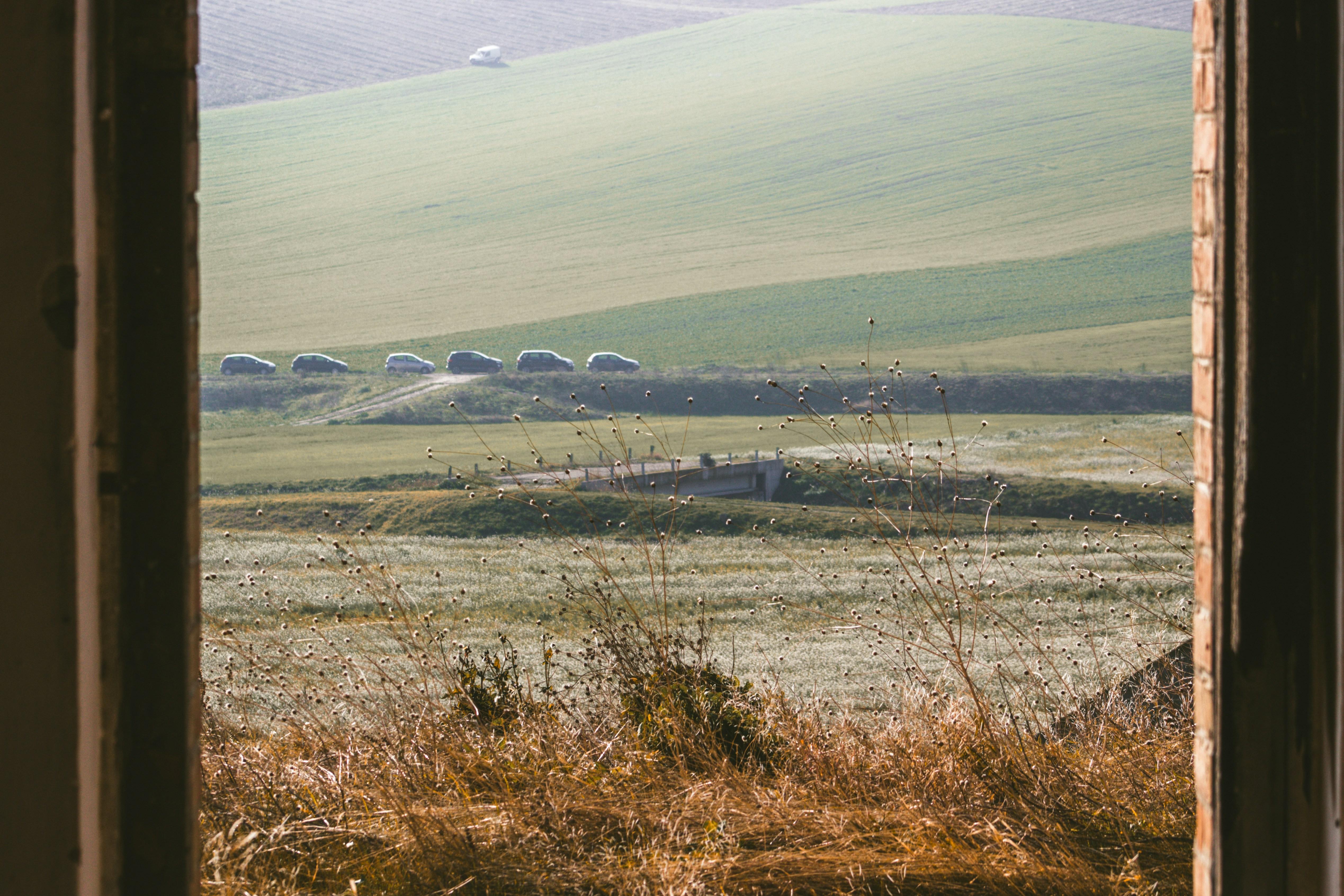 Horizon Framed by a Rustic Doorway: Hay Bales on a Quiet Valley