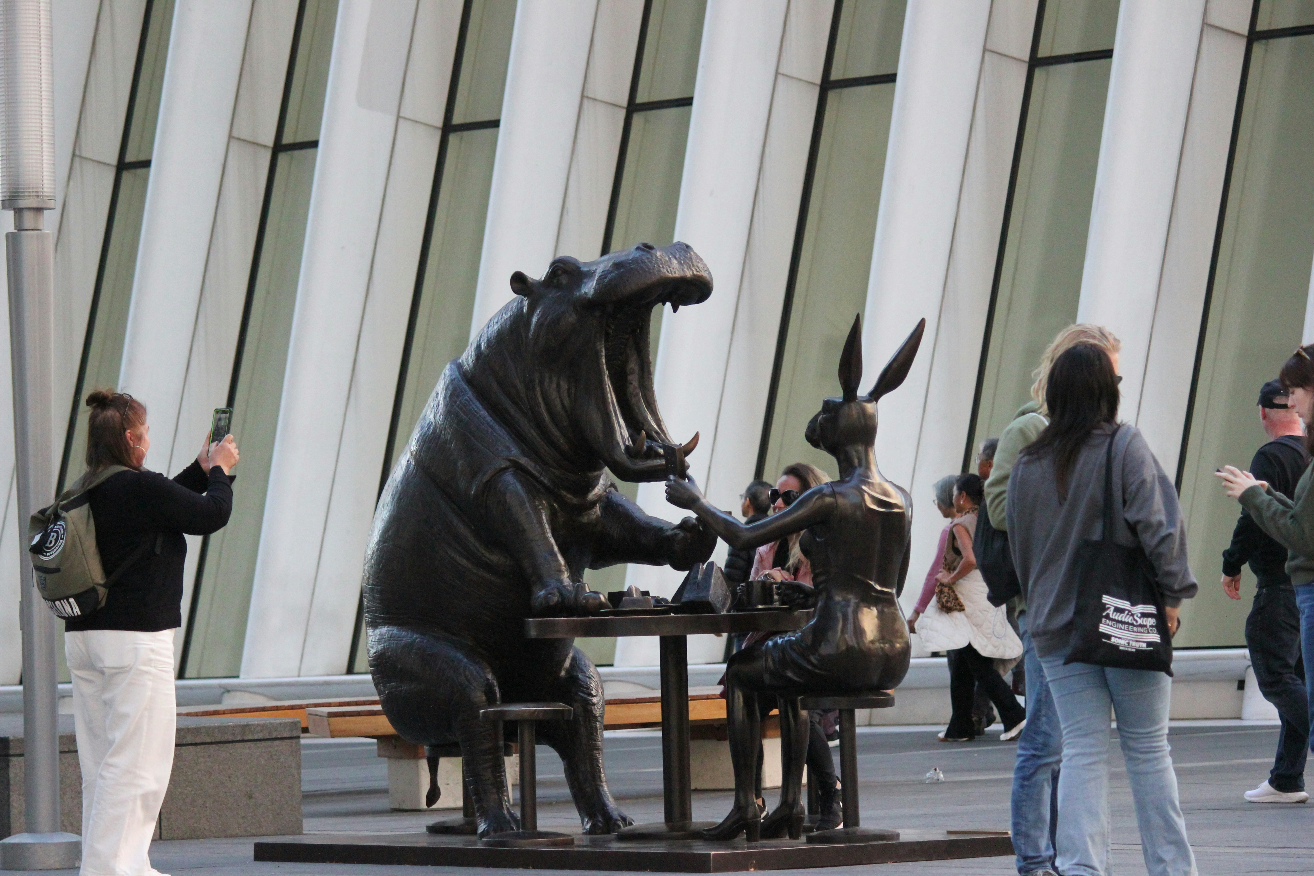 Wide-Angle Encounter: A Laughing Hippo at the Modern Plaza