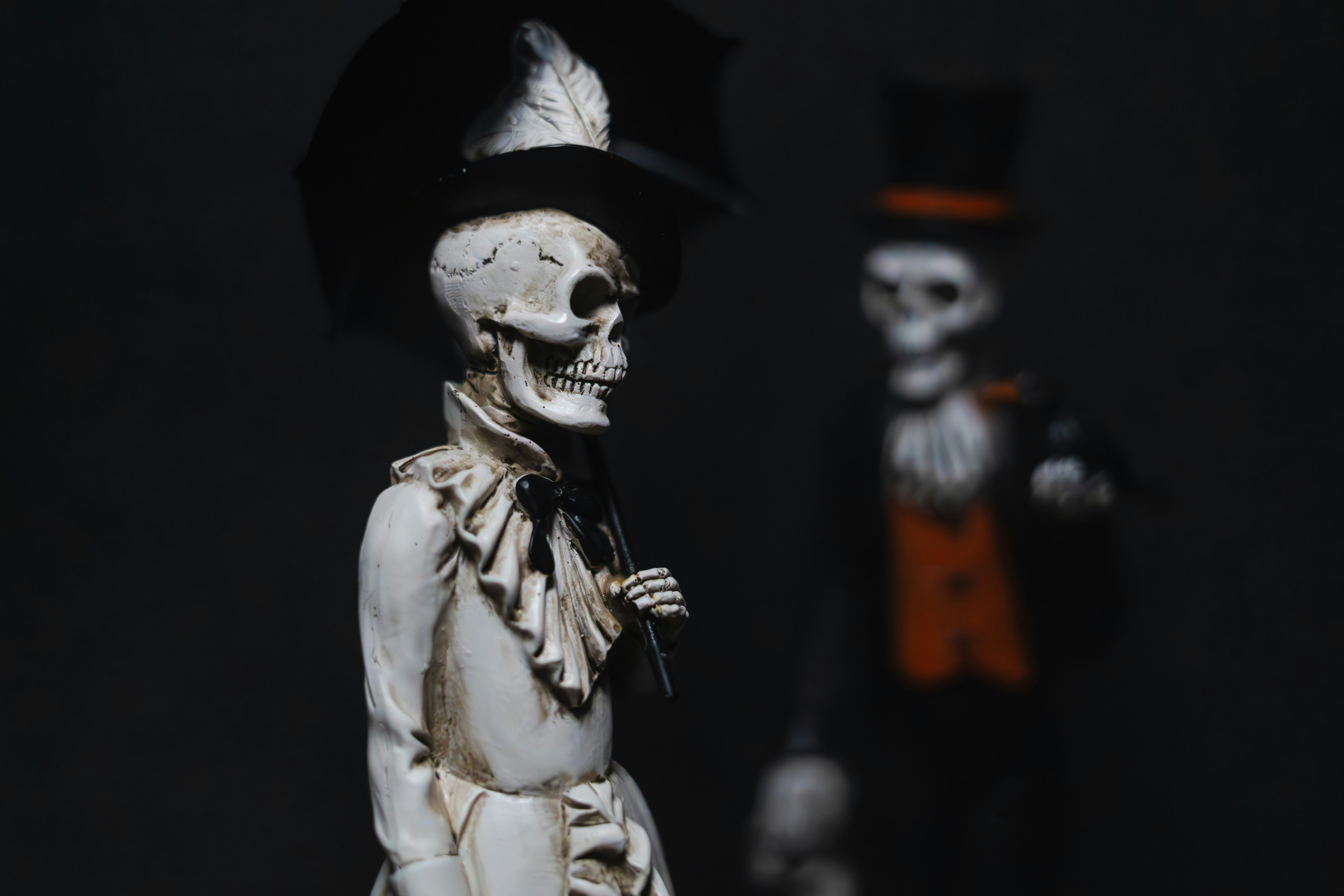 Dapper Skeleton in a Shadowed Gallery