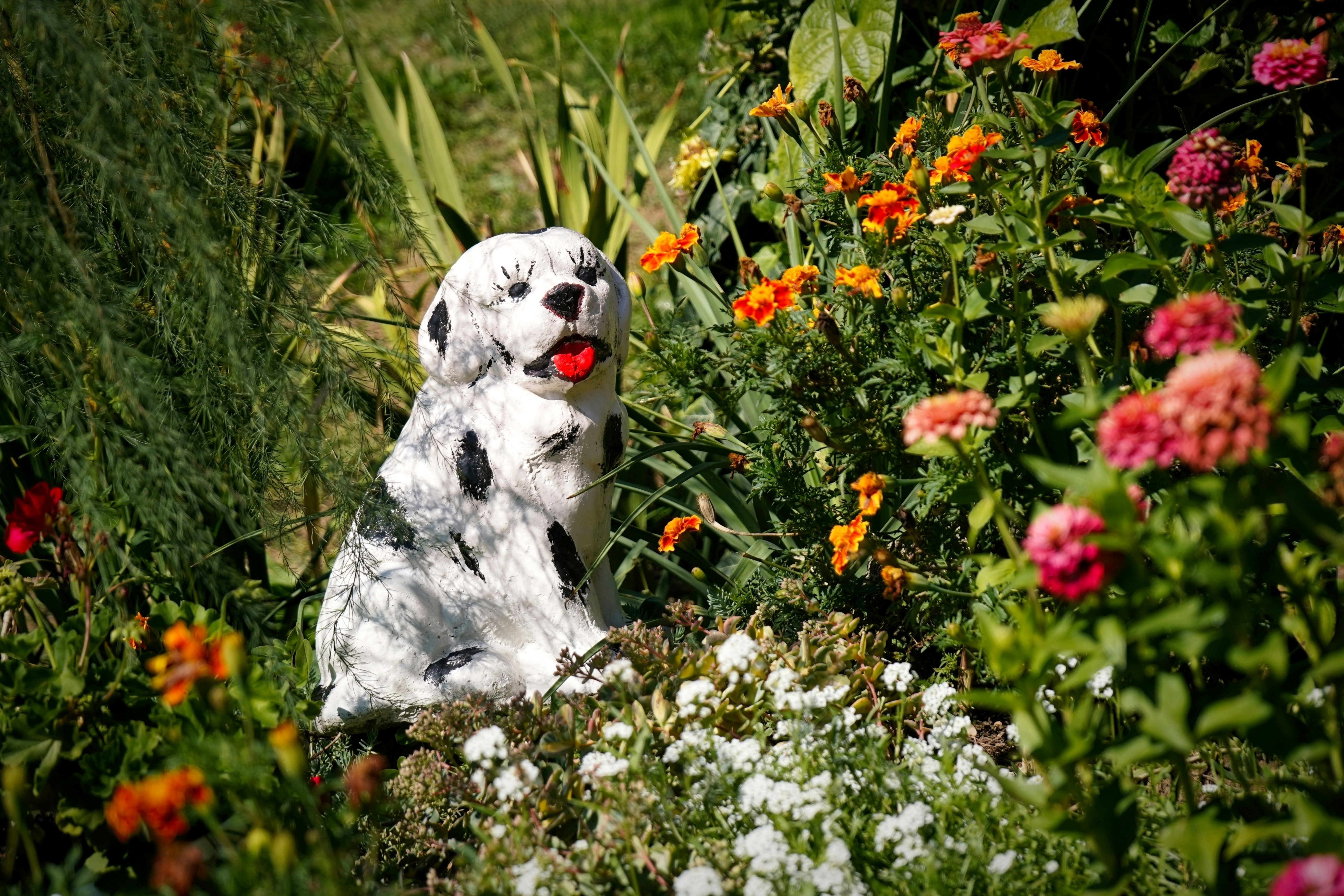 White ceramic hound among a kaleidoscope of garden blooms