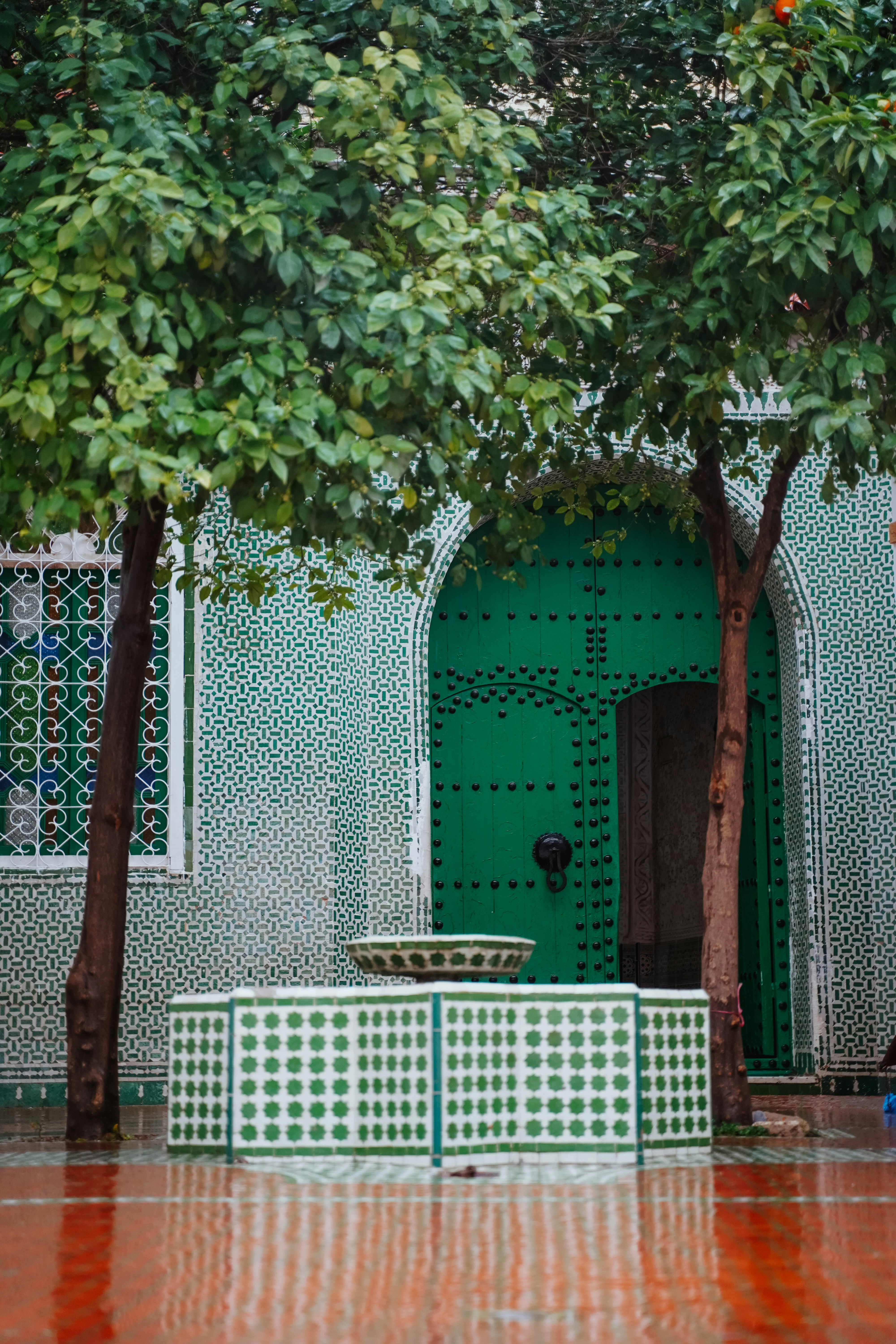 Emerald Archway in a Teal Mosaic Courtyard: A Quiet Green Door Amid Garden Shade