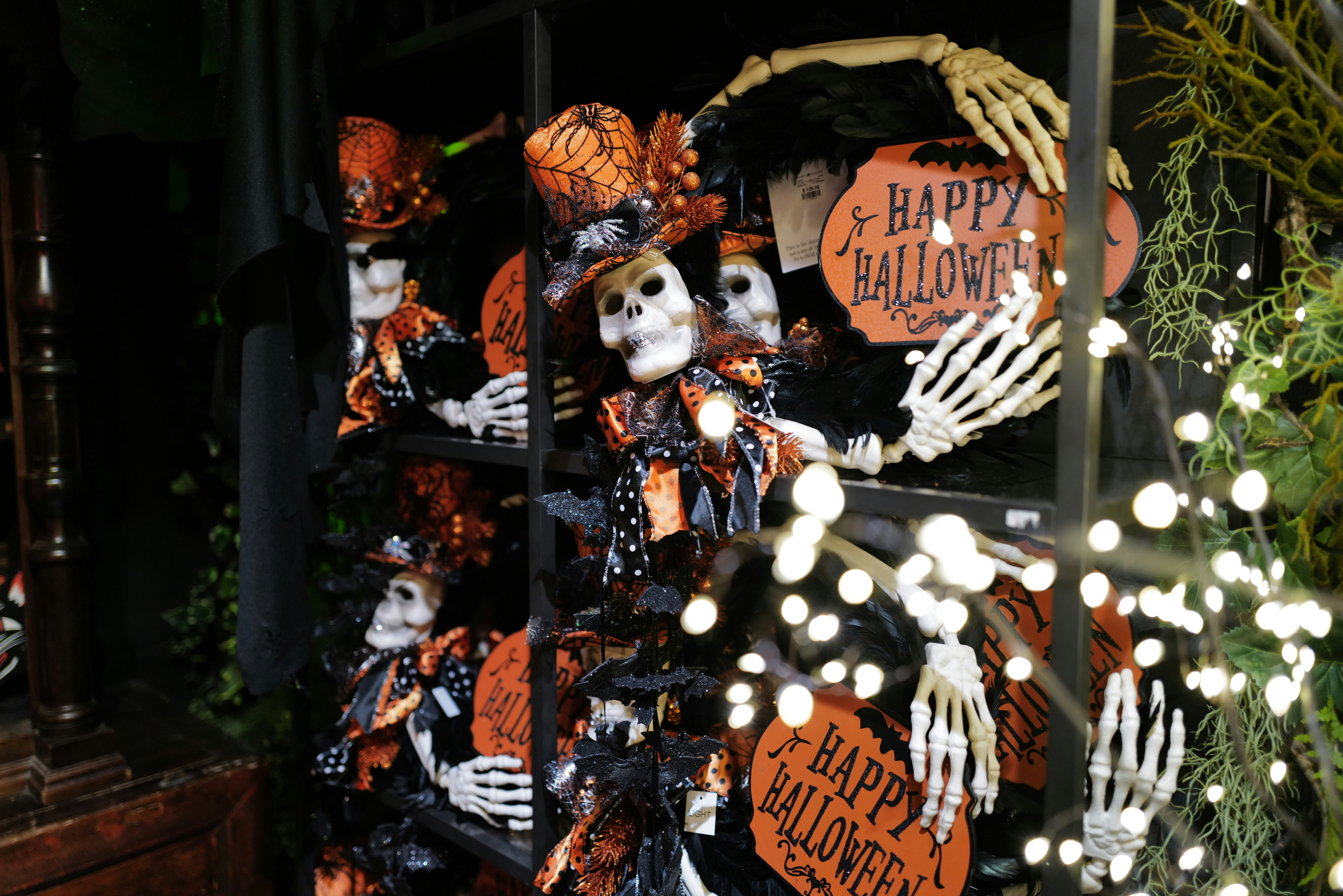 Skeleton Shelves with Halloween Ornaments