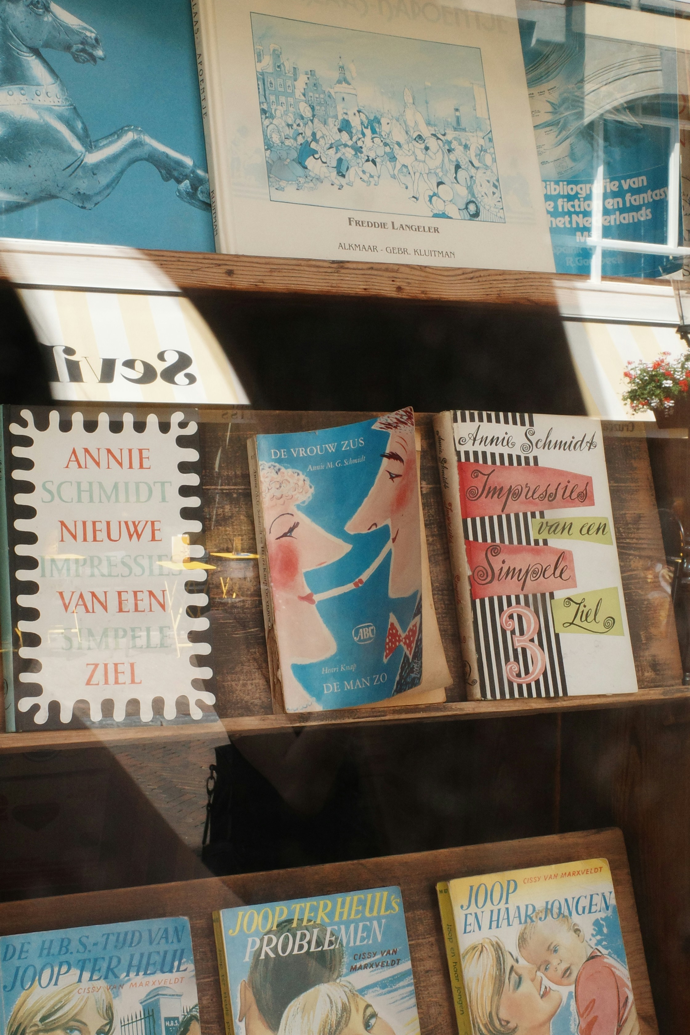 Blue Portrait Amid Dutch Ephemera on a Sunlit Bookshelf