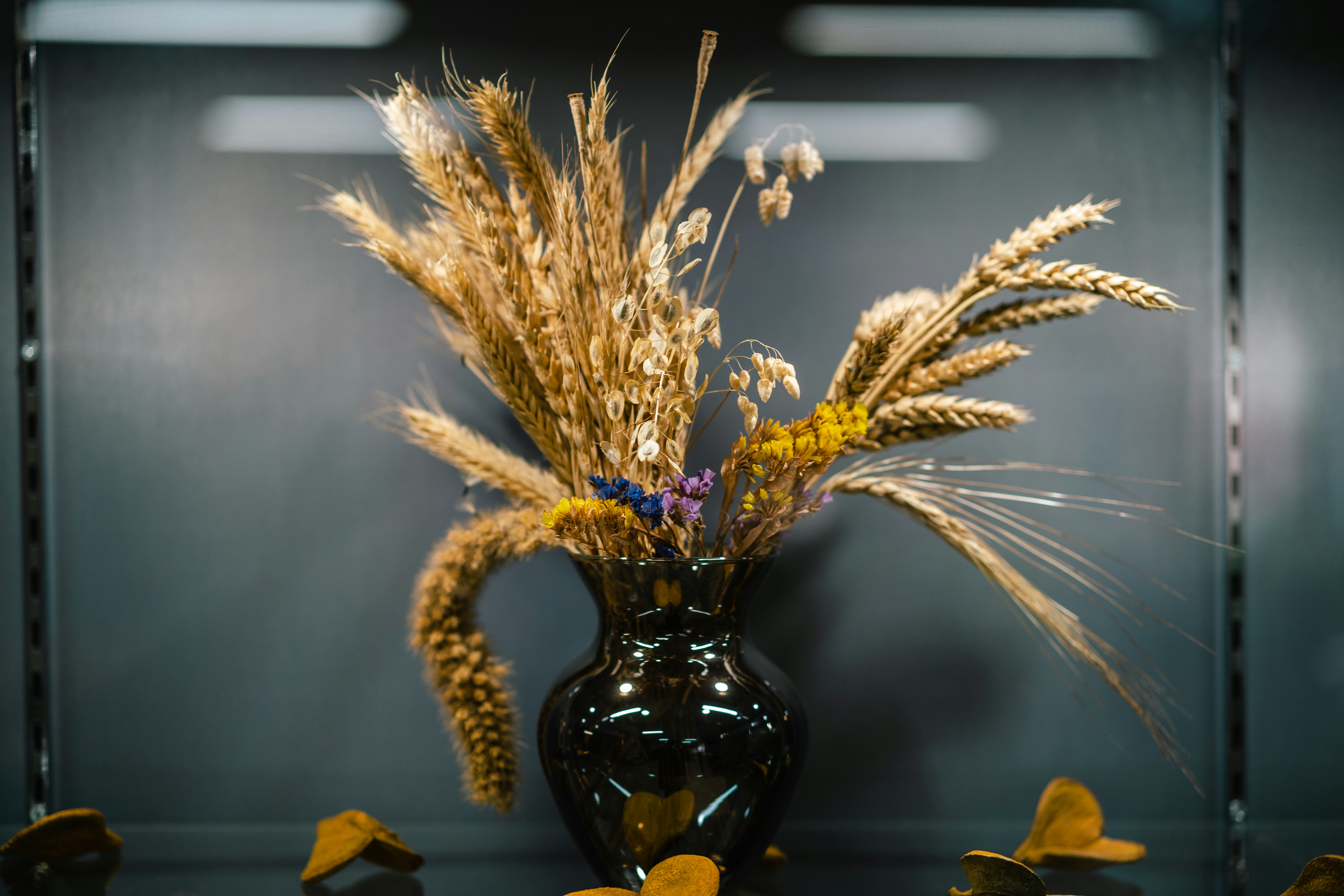 Amber Wheat in a Dark Glass Vase: A Quiet Autumn Still-Life