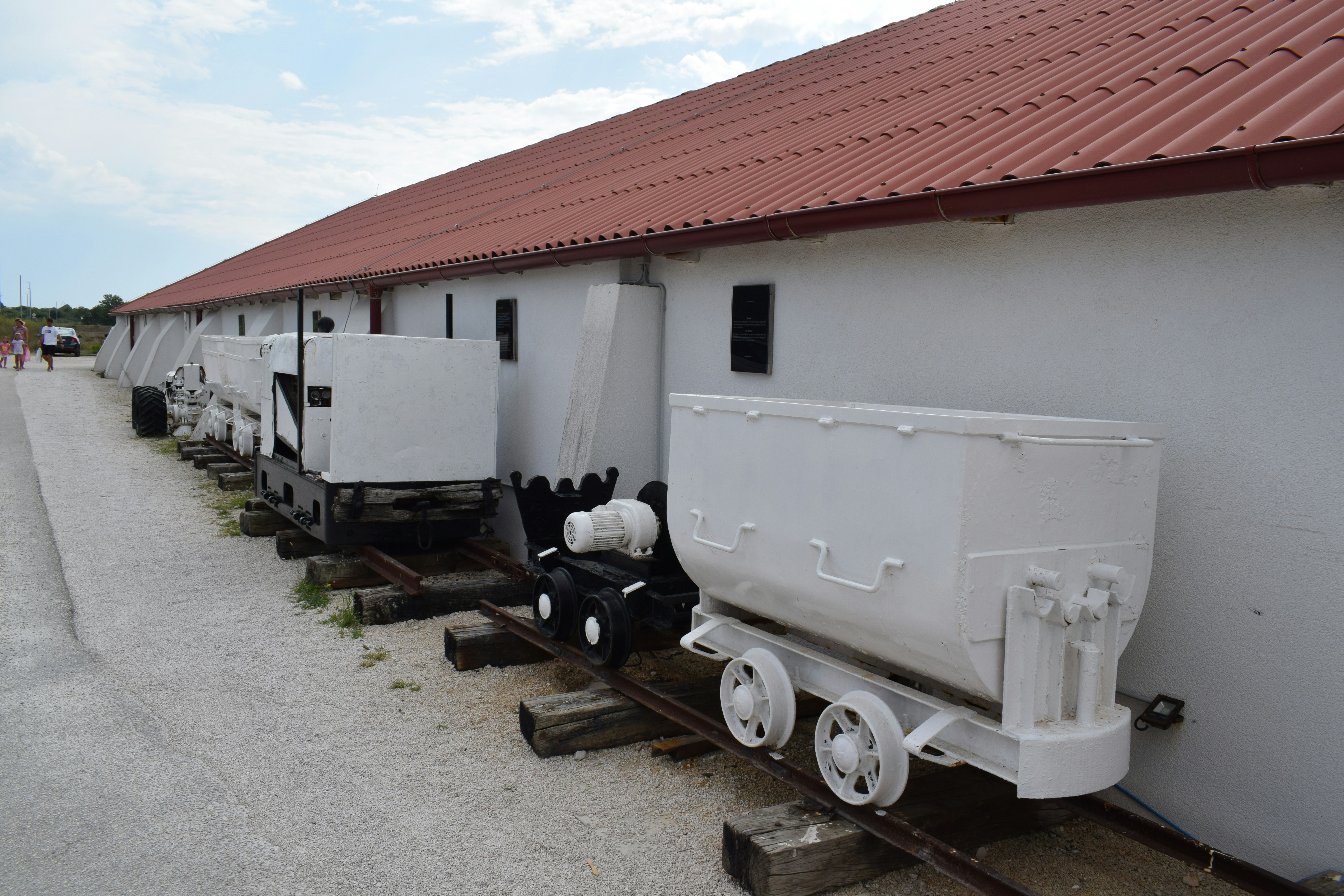 Line of White Model Trains Beside a Red-Roofed Wall