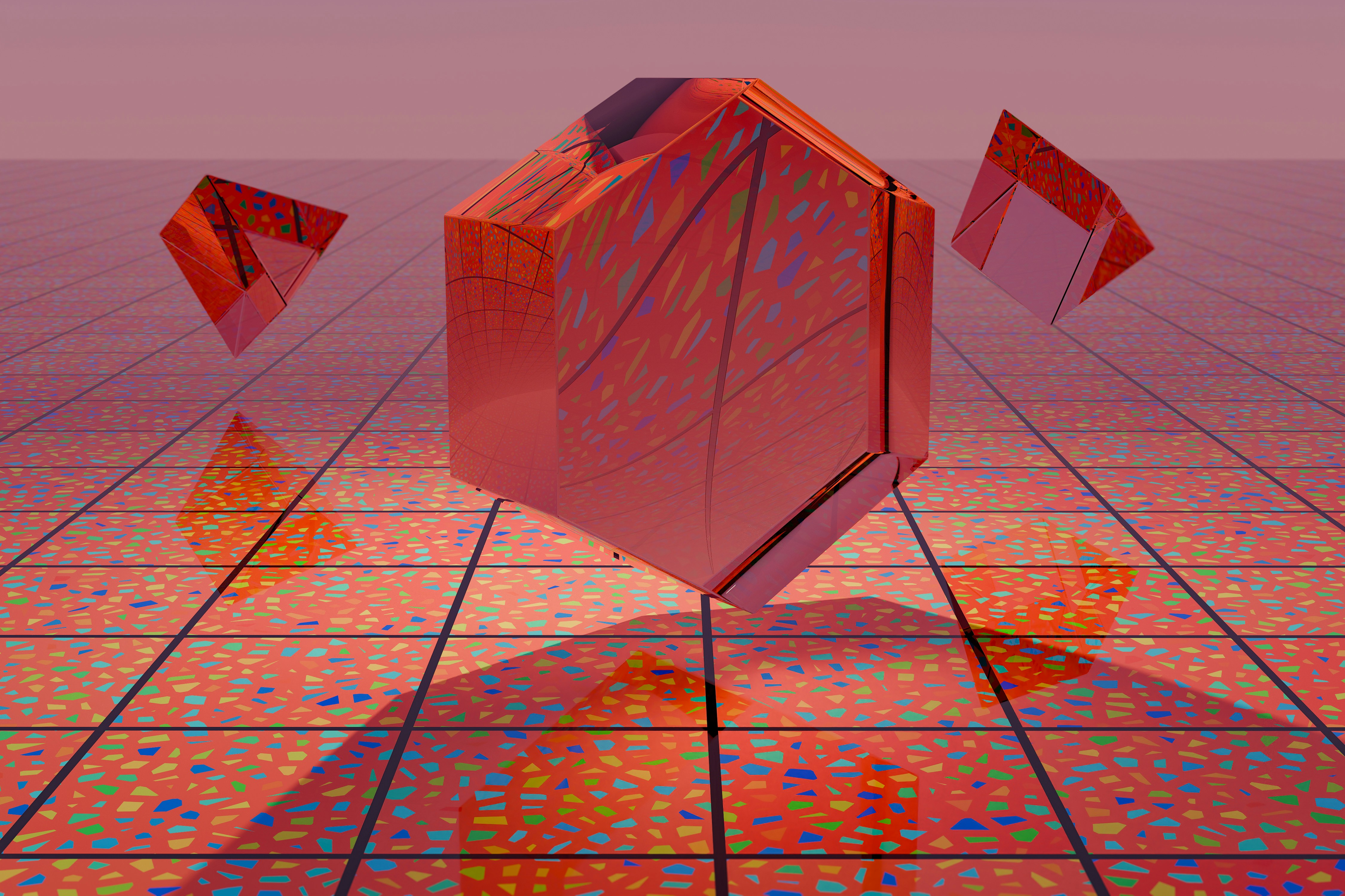 A computer generated image of a red object on a tiled floor photo ...