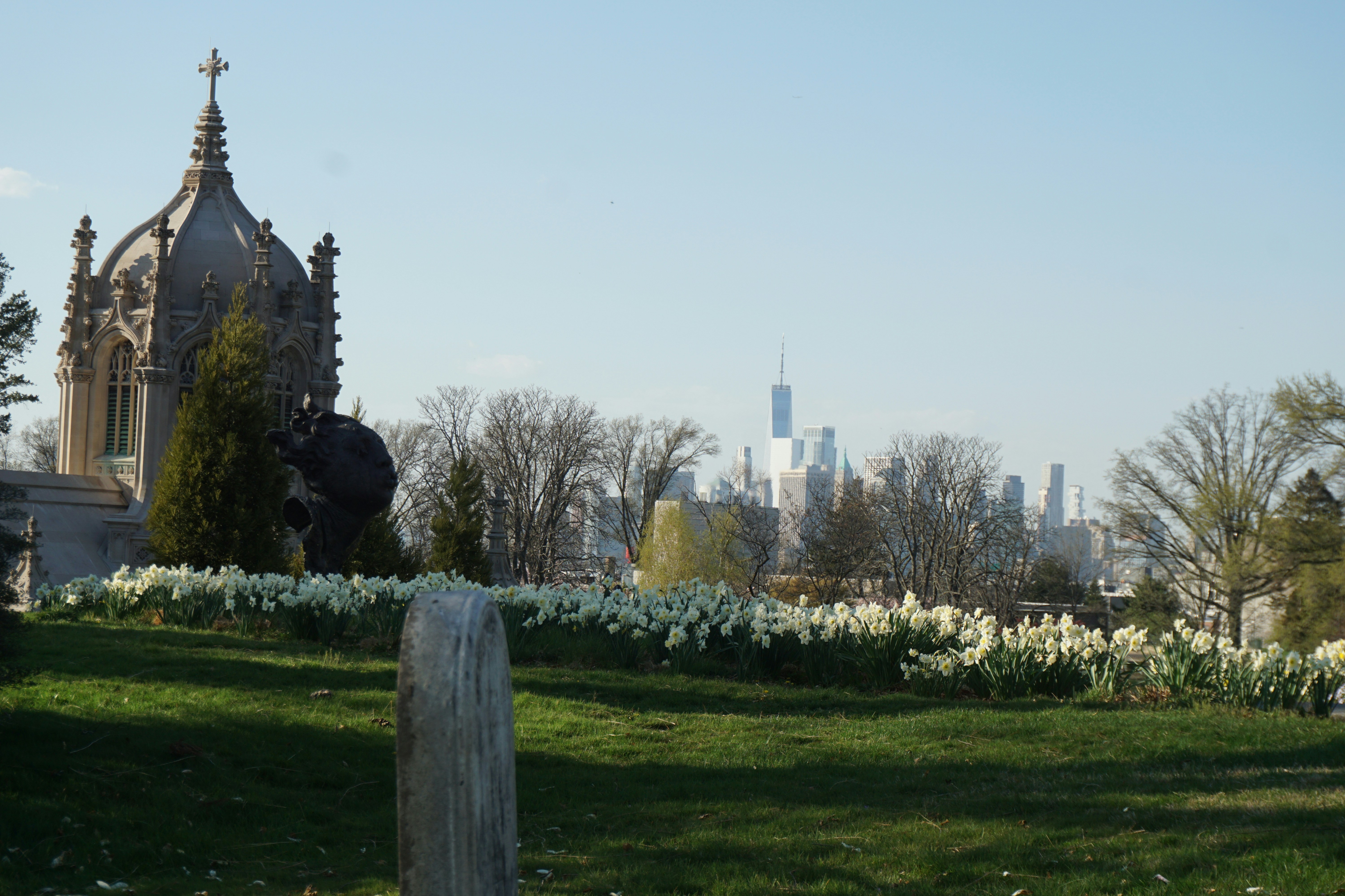 Distant Skyline Quietly Framed by a Serene Memorial Garden
