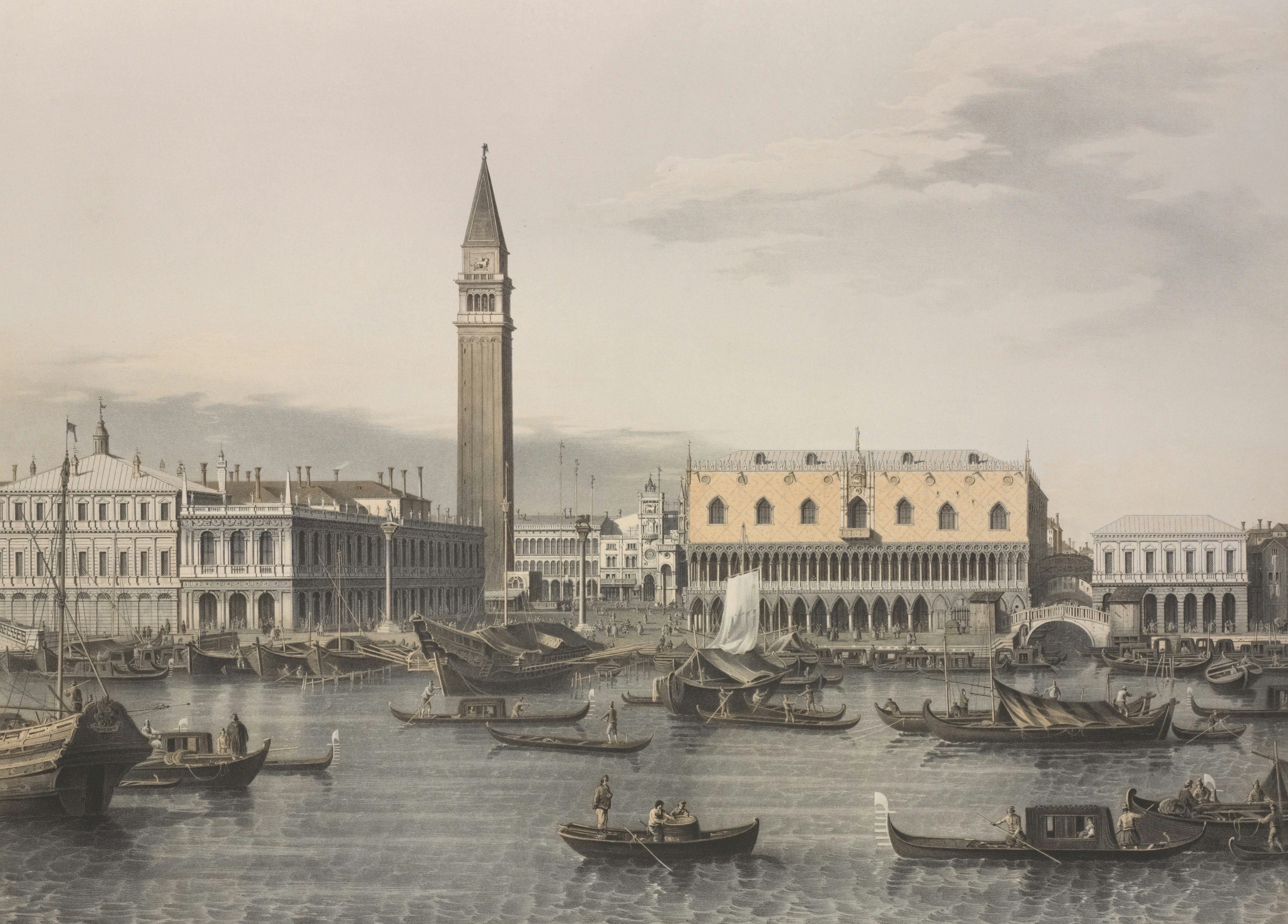 Historic view of Venice's Grand Canal featuring gondolas and iconic architecture under a serene sky.