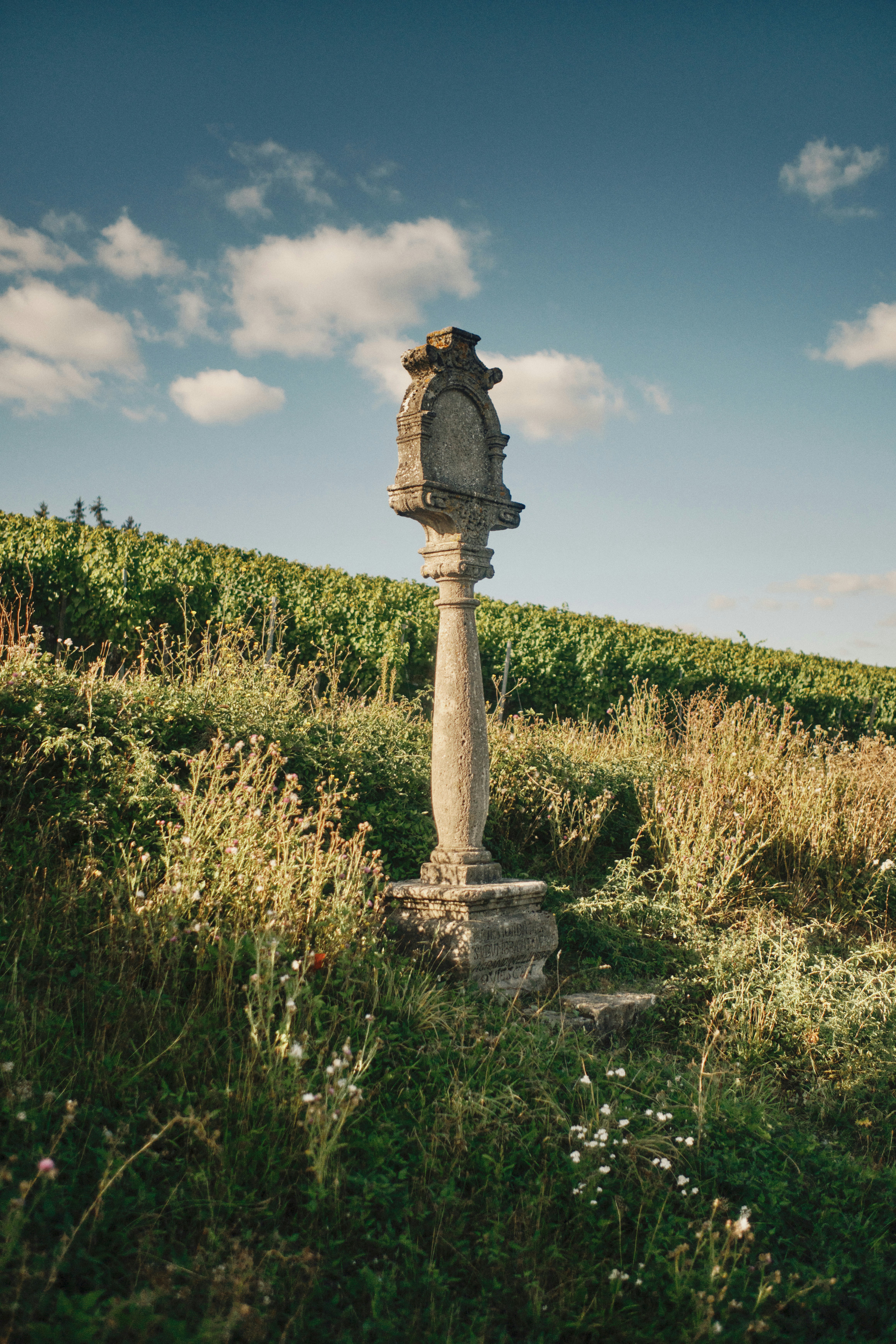 The Sentinel of the Vineyard: Weathered Stone Monument in a Sunlit Field