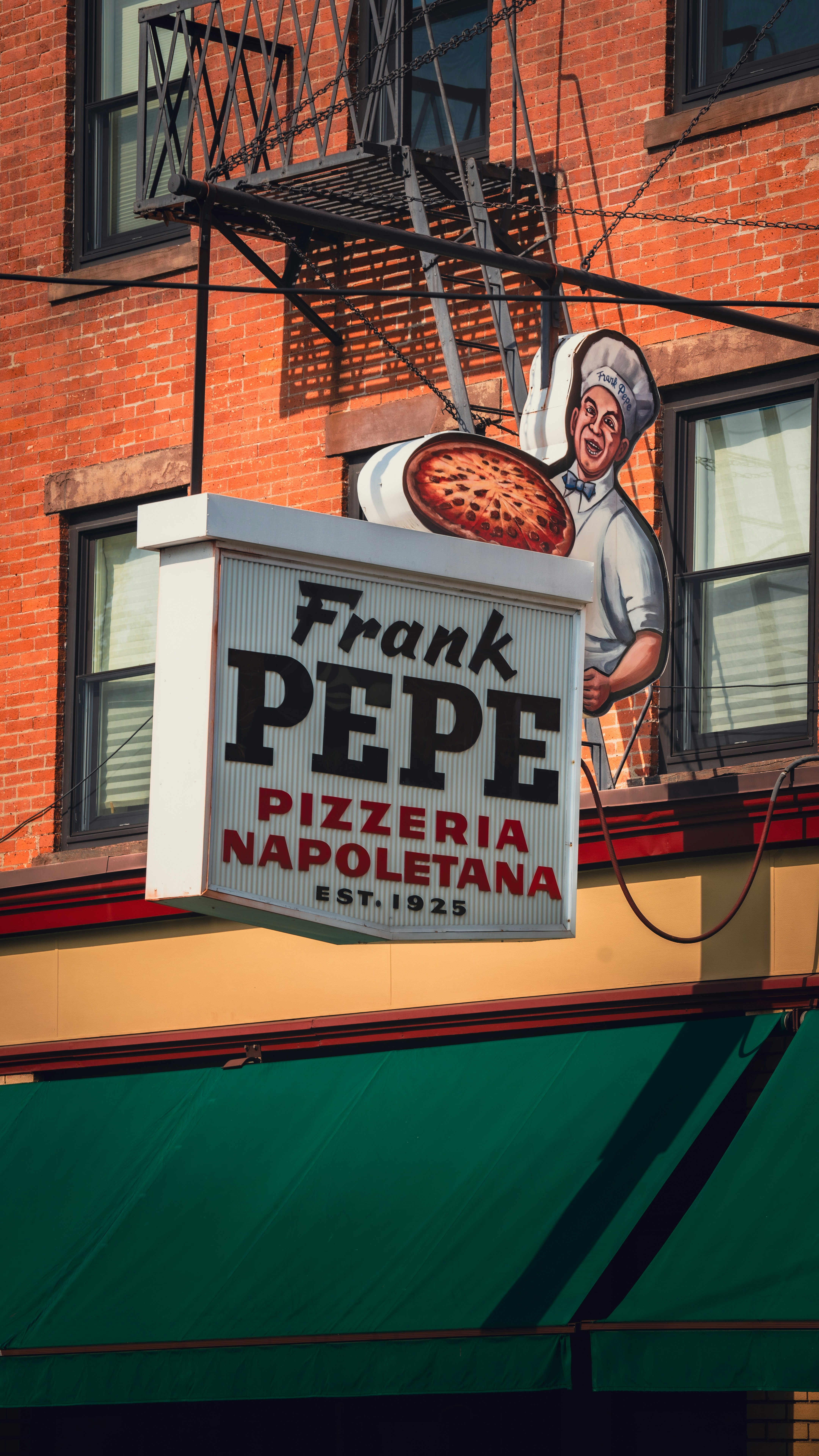 A sign for a pizza restaurant hanging from the side of a building photo ...