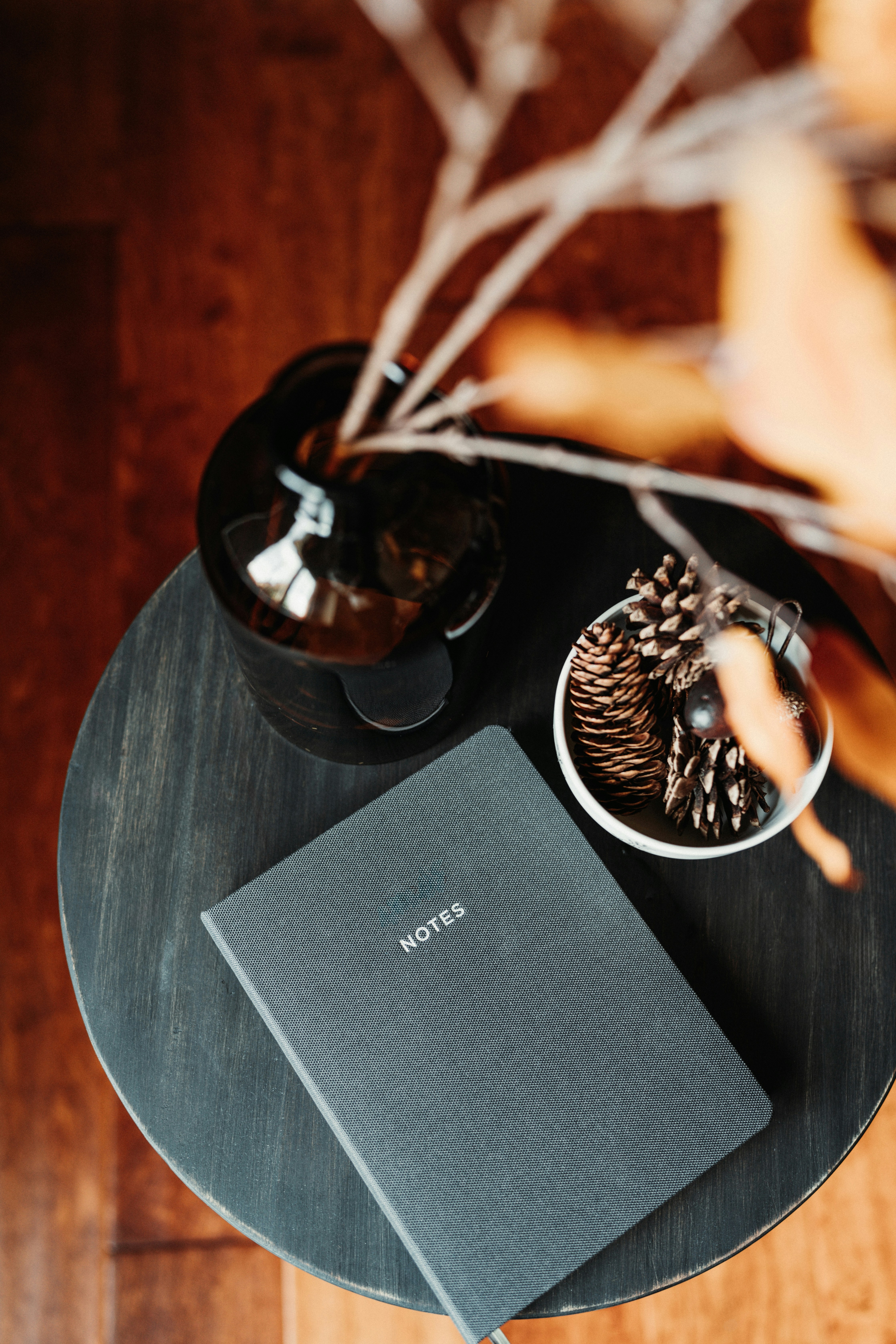 Notebook and pinecones on a dark wooden table with warm, autumnal lighting.