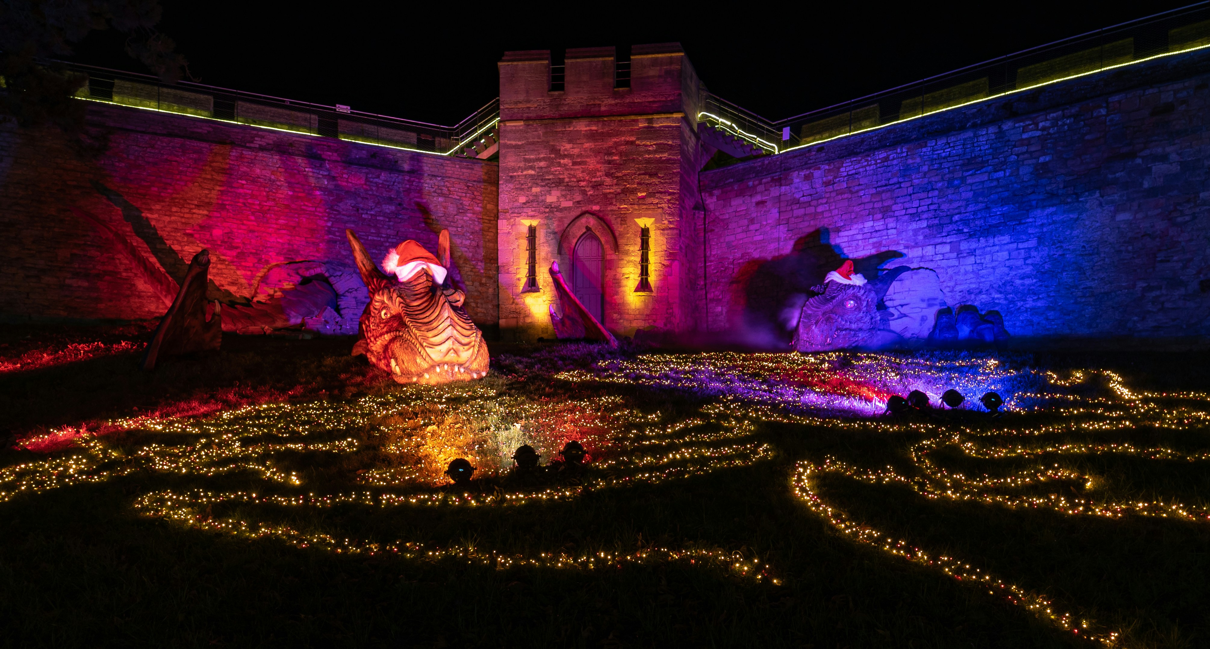 Spiral Lanterns Winding Through a Medieval Fortress Courtyard