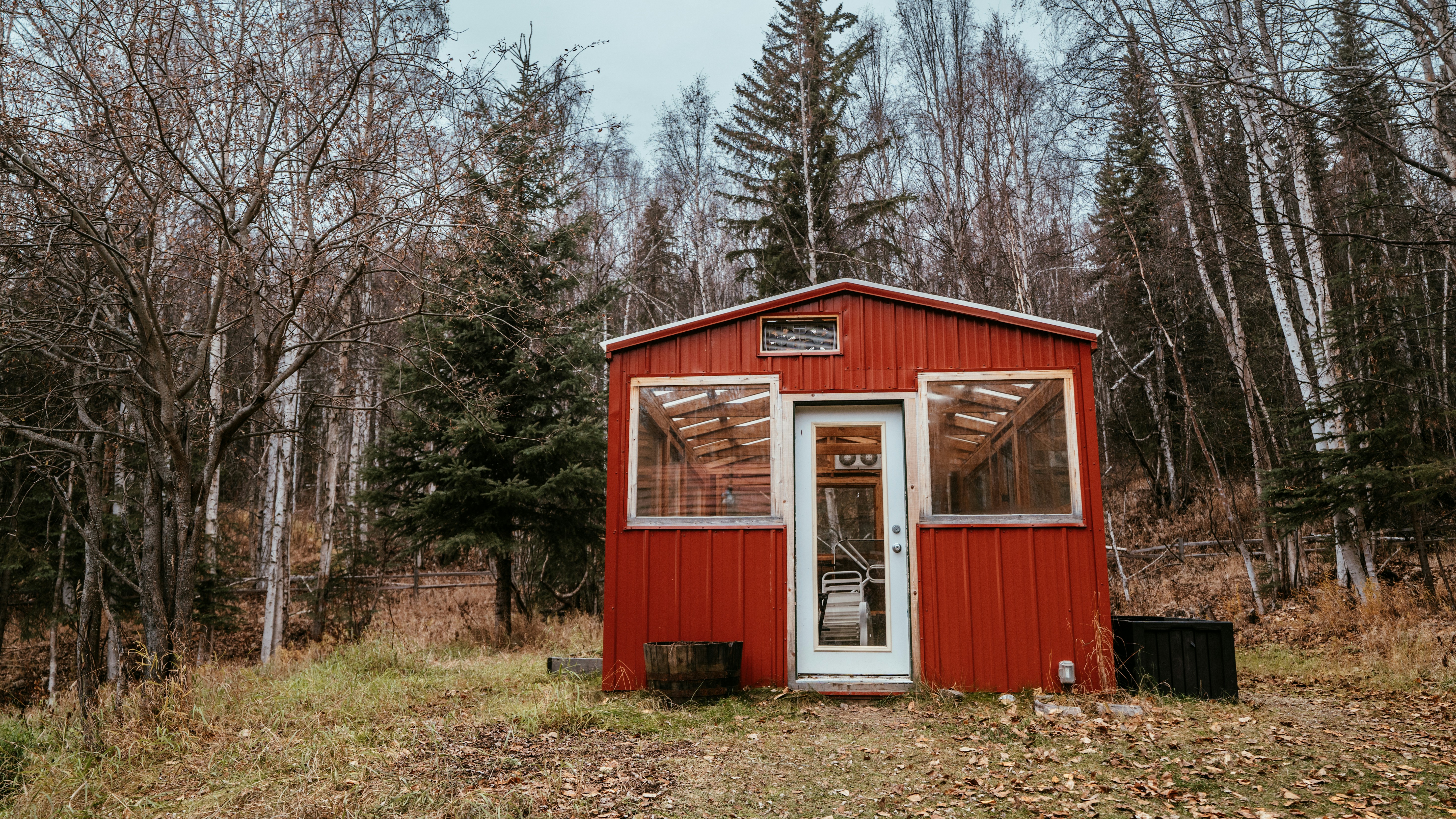 A small red building sitting in the middle of a forest photo – Free ...