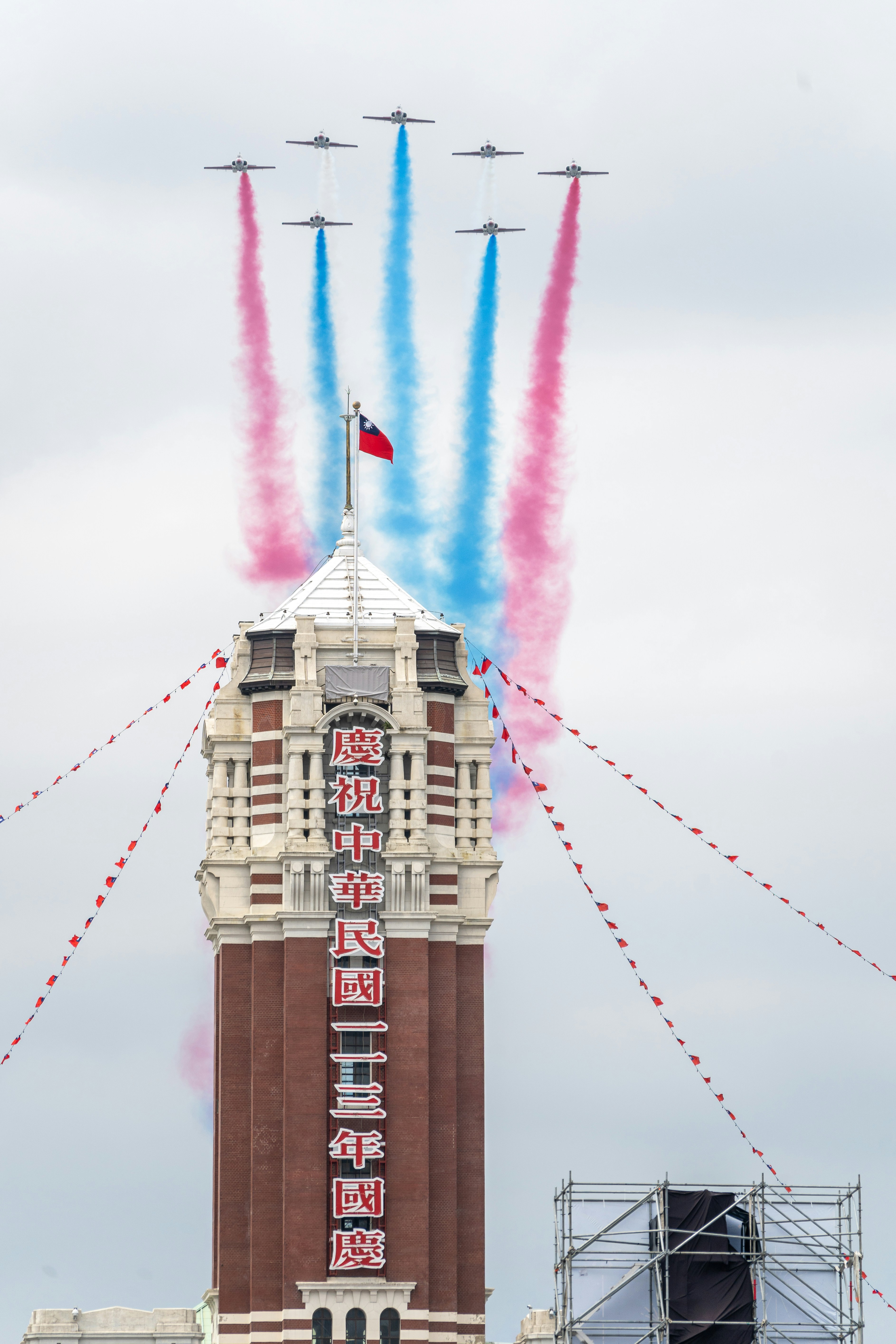 Skyward Parade: A National Banner Trails the Clocktower