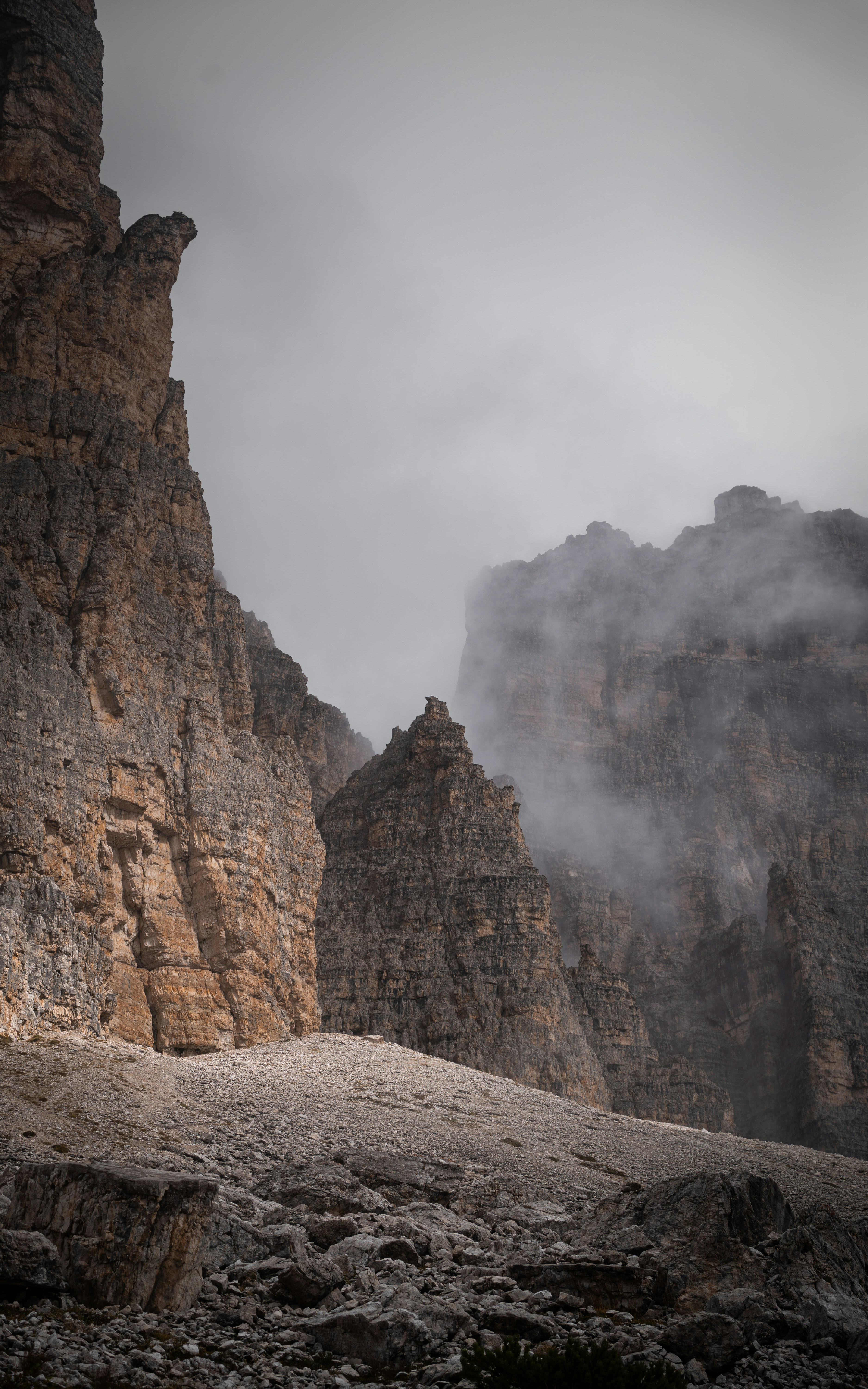 Rugged mountain peaks rise through dense mist, creating a moody landscape of contrasts and depth.