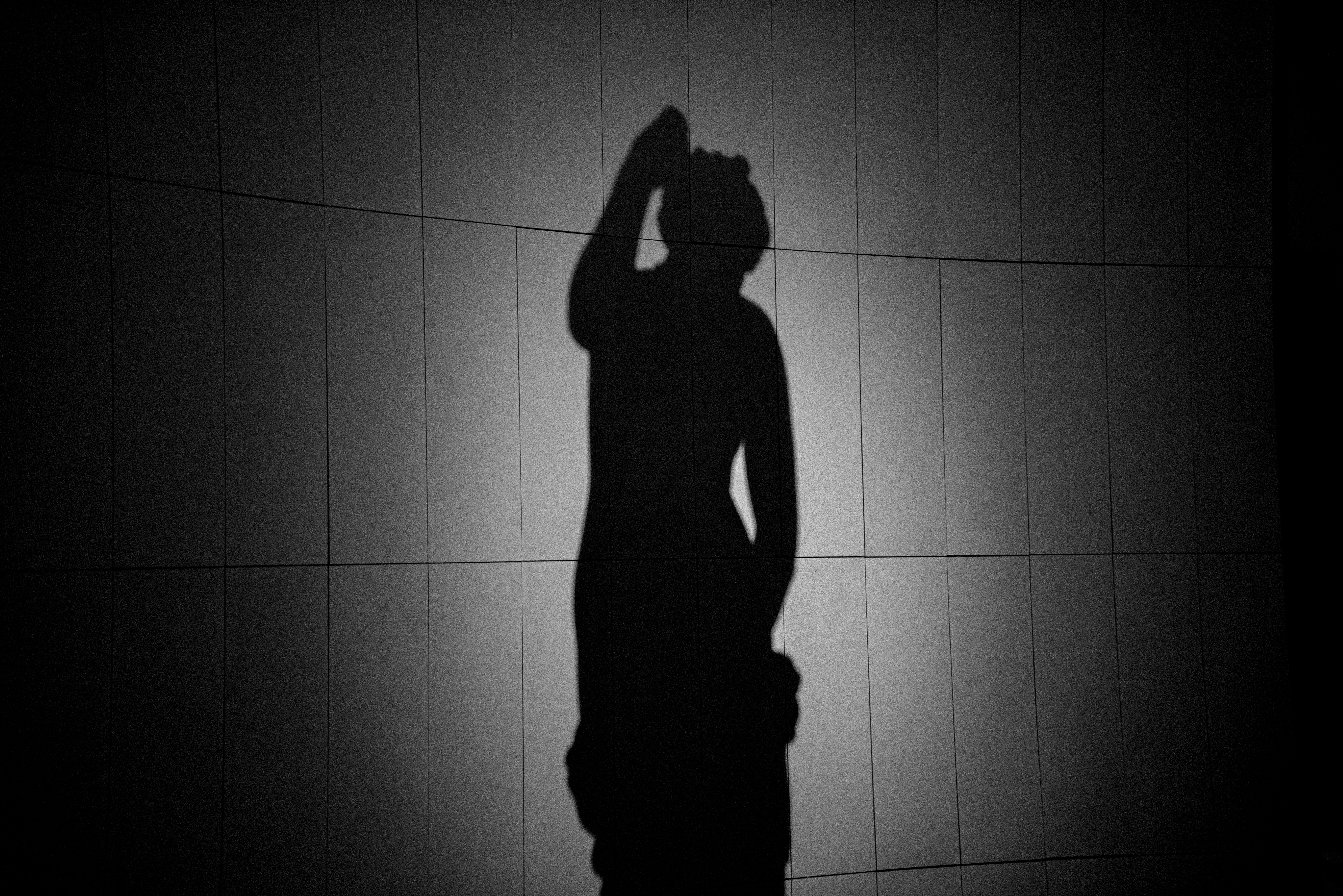 Shadowed Silhouette: A solitary statue against a grid-lit wall