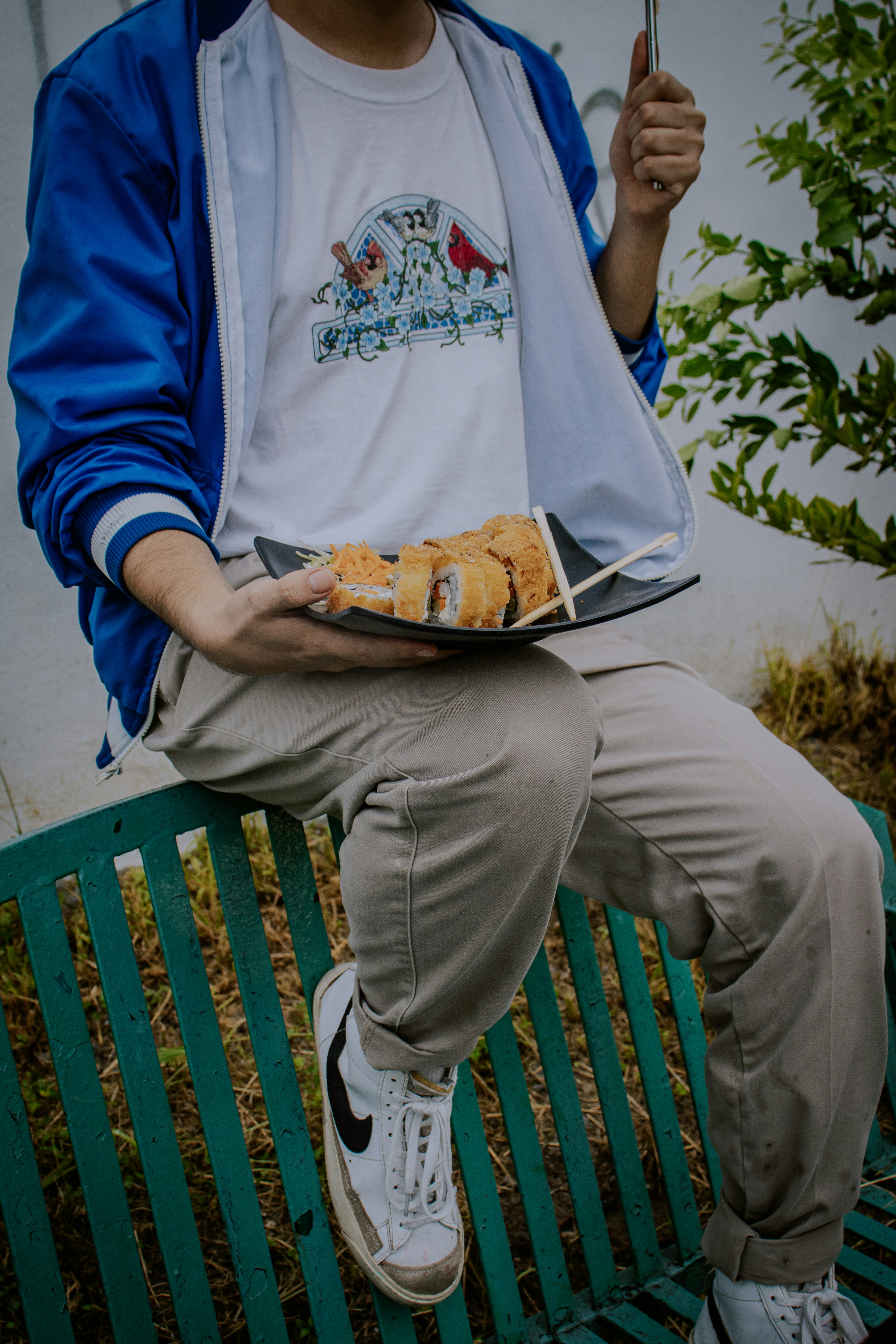 Casual Snack Break on the Park Bench