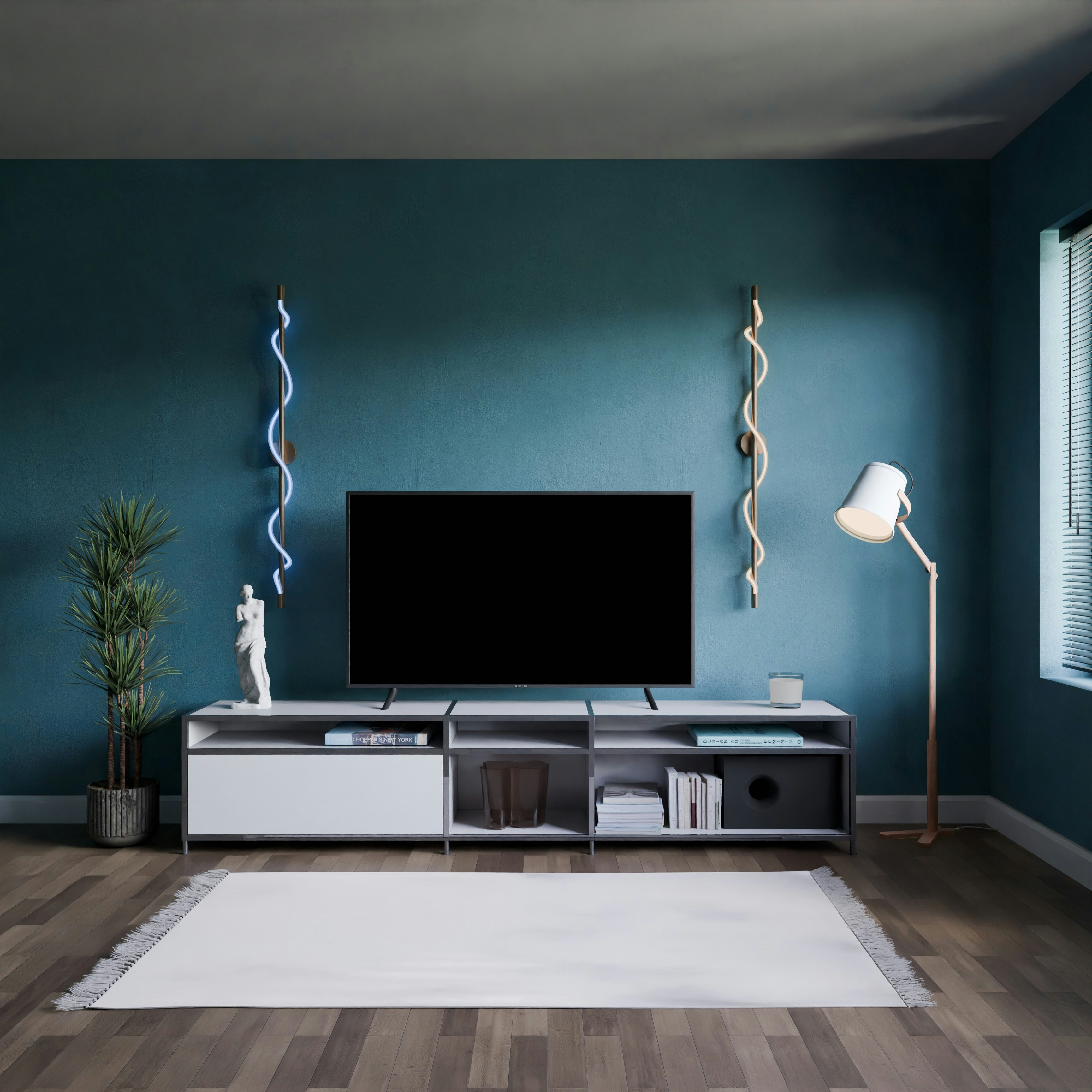 A living room with blue walls and a white rug photo – Free Indoors ...
