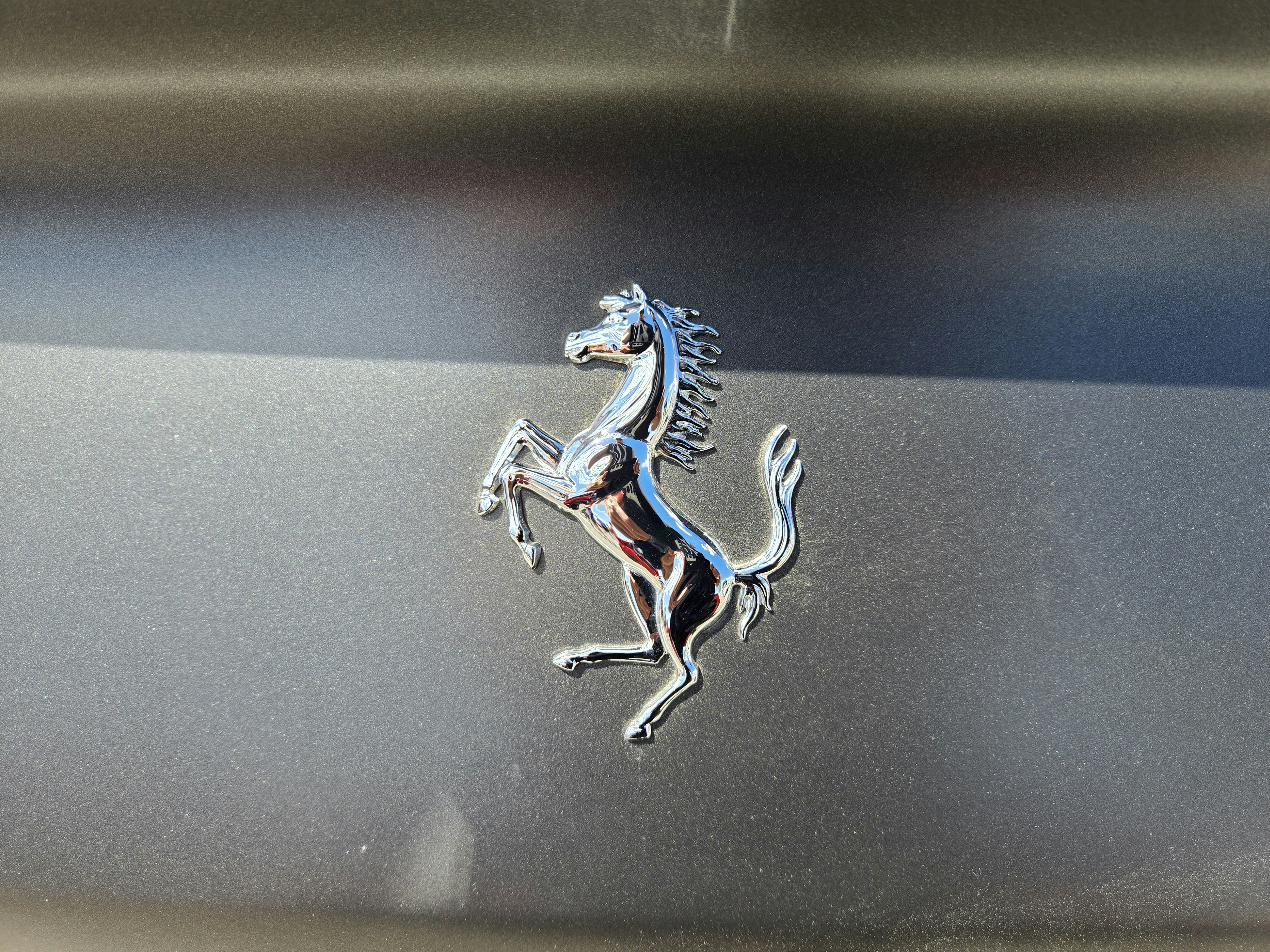 Prancing Chrome: Ferrari Emblem Adorns a Matte Gray Hood