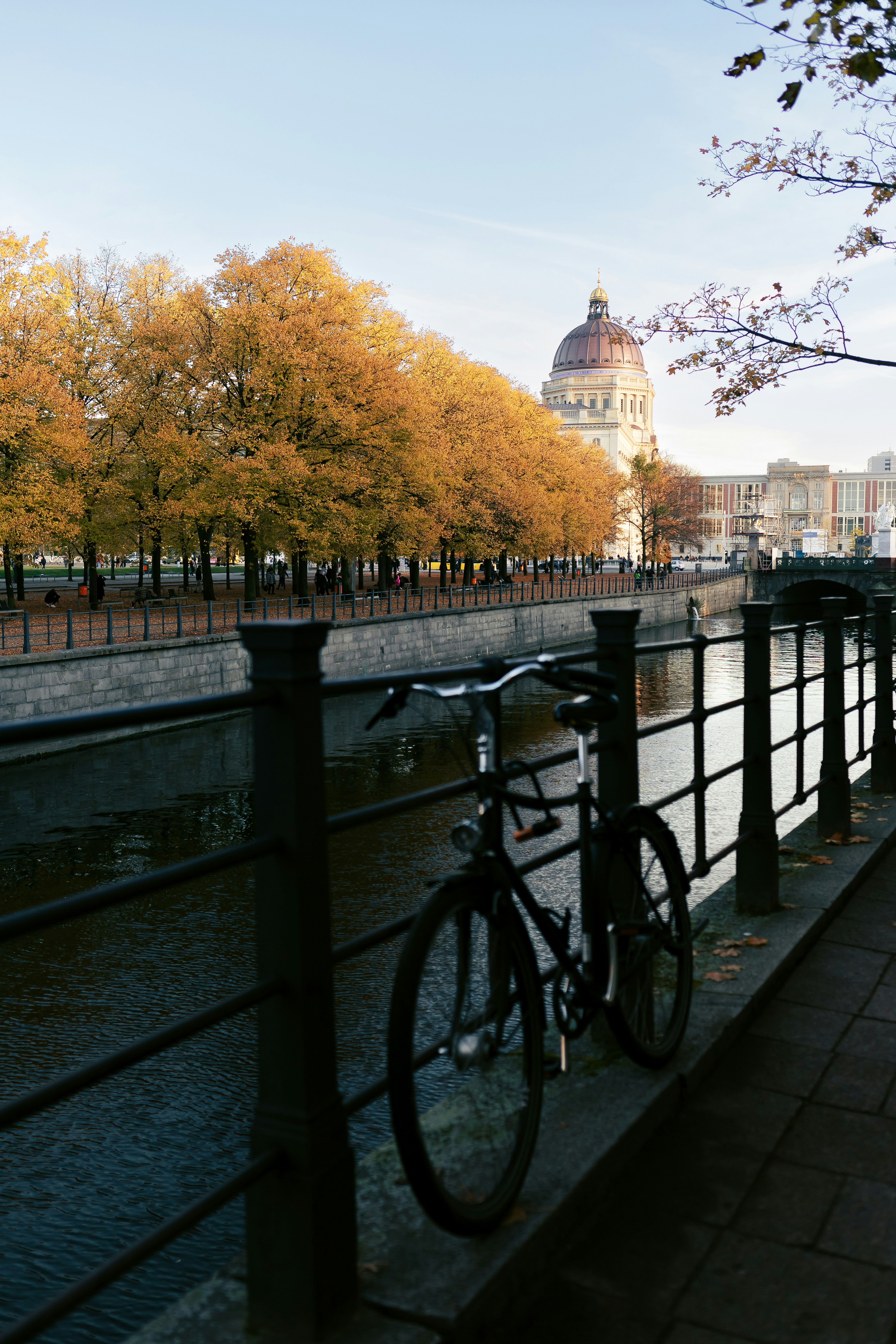 Amber Riverfront: A Bicycle Framed by Autumn Trees and a Distant Dome
