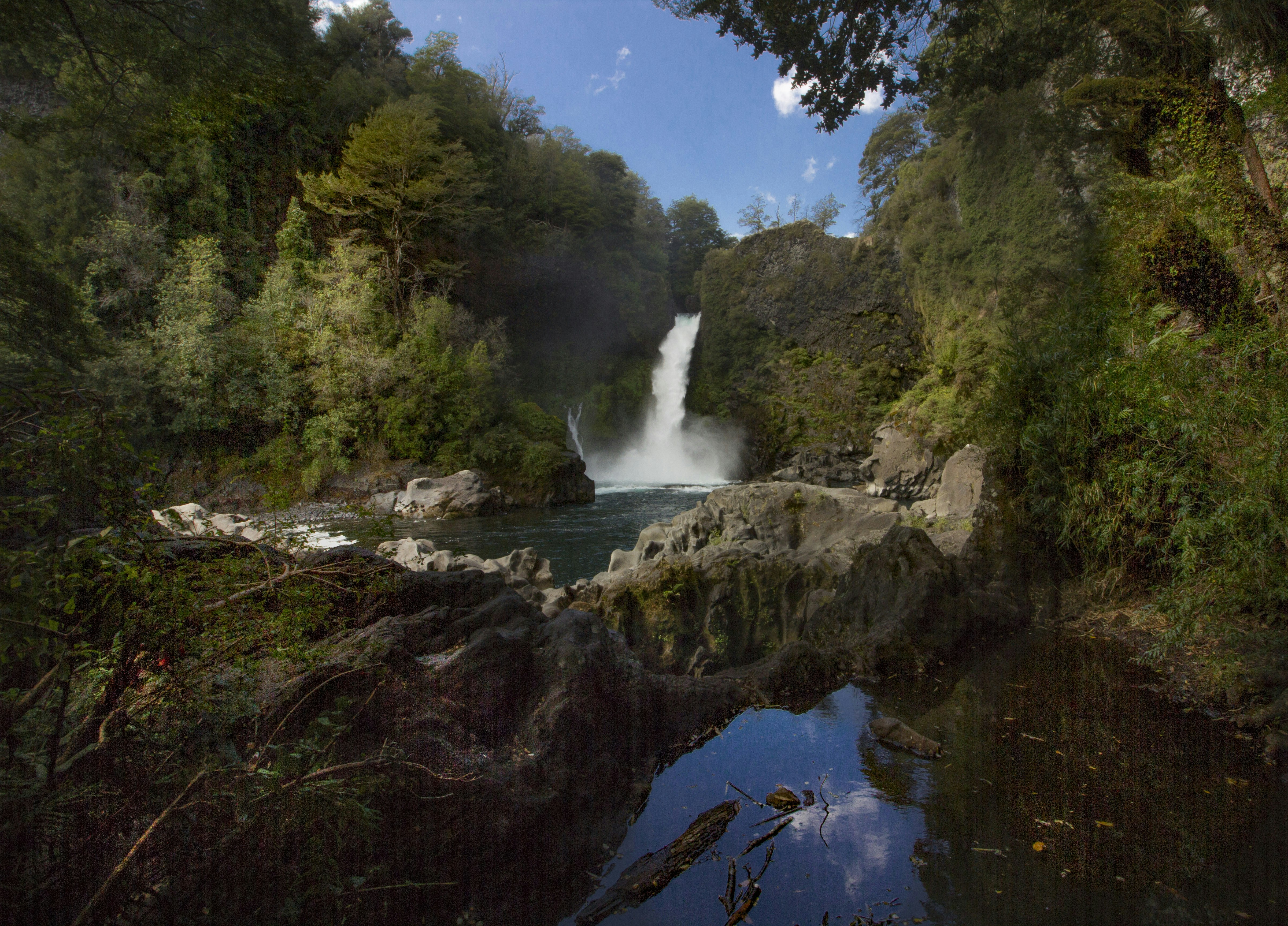 Waterfall cascading into a serene pool, surrounded by lush forest under a clear blue sky.