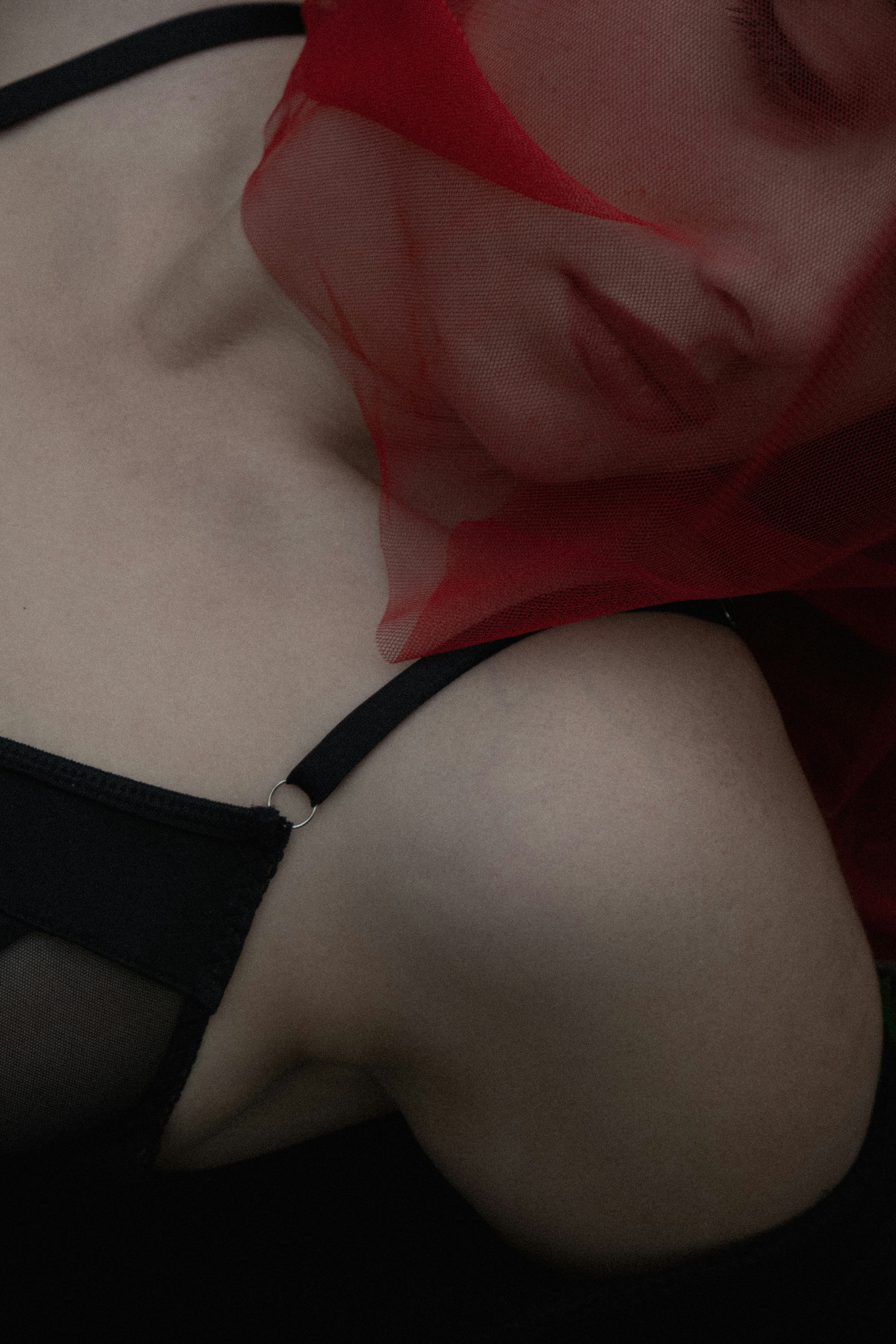 A close-up portrayal of a figure draped in a flowing red veil, accentuating delicate features and contrasting black attire. The composition evokes a sense of intimacy and mystery.