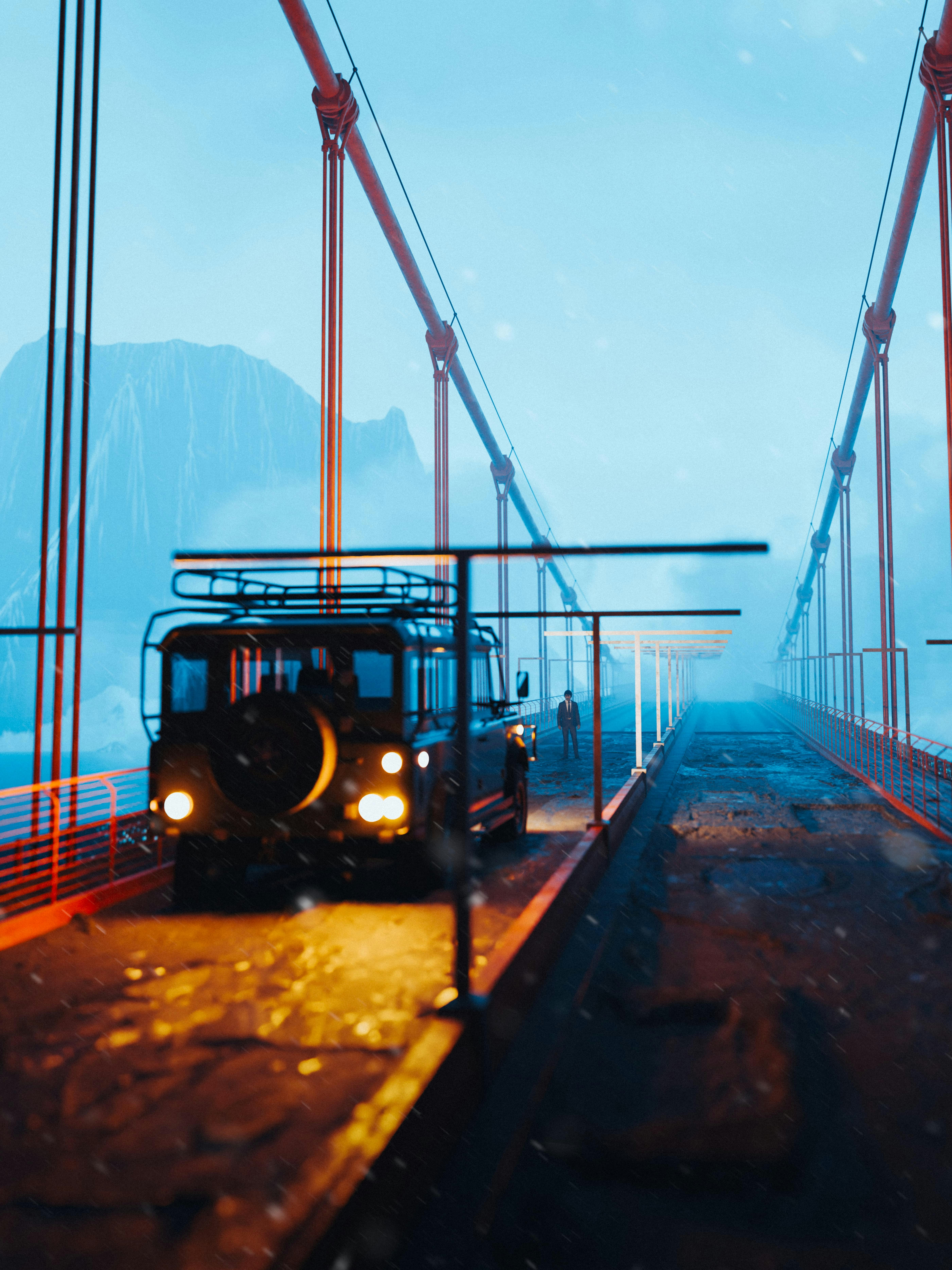 A bus driving across a bridge in the rain photo – Free Cinematography ...