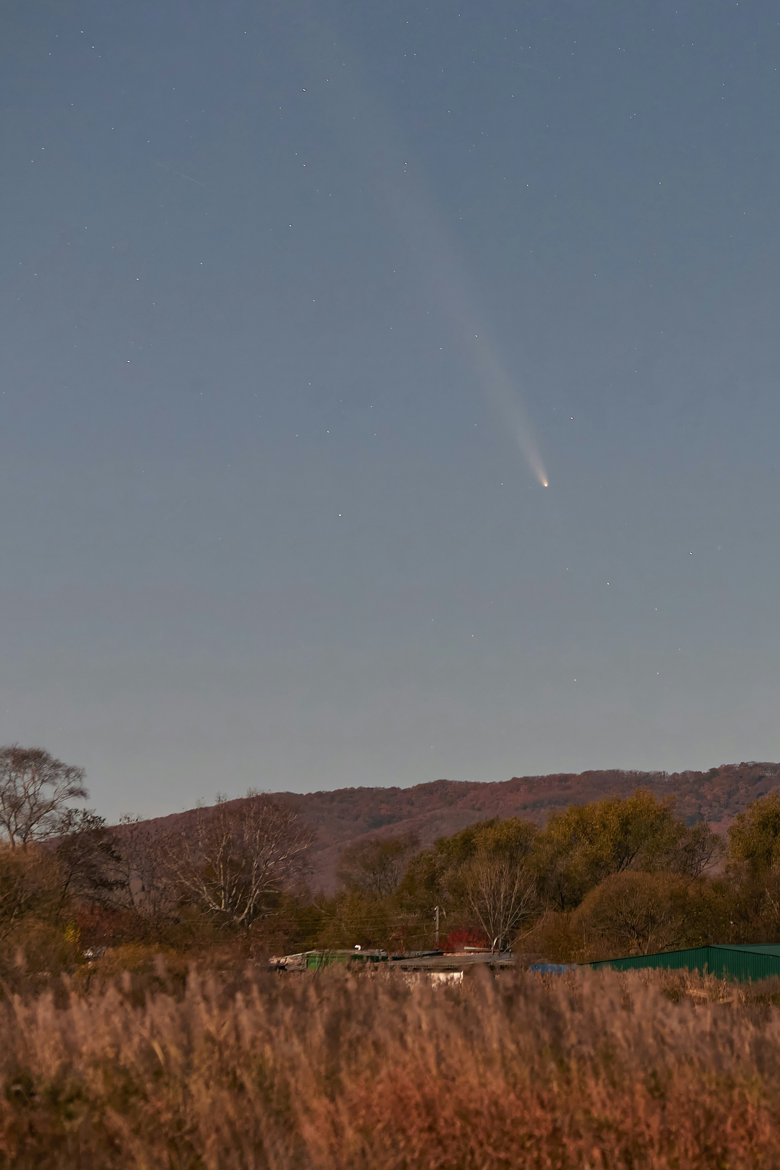 Comet's Tail Over a Quiet Hillside Night Sky