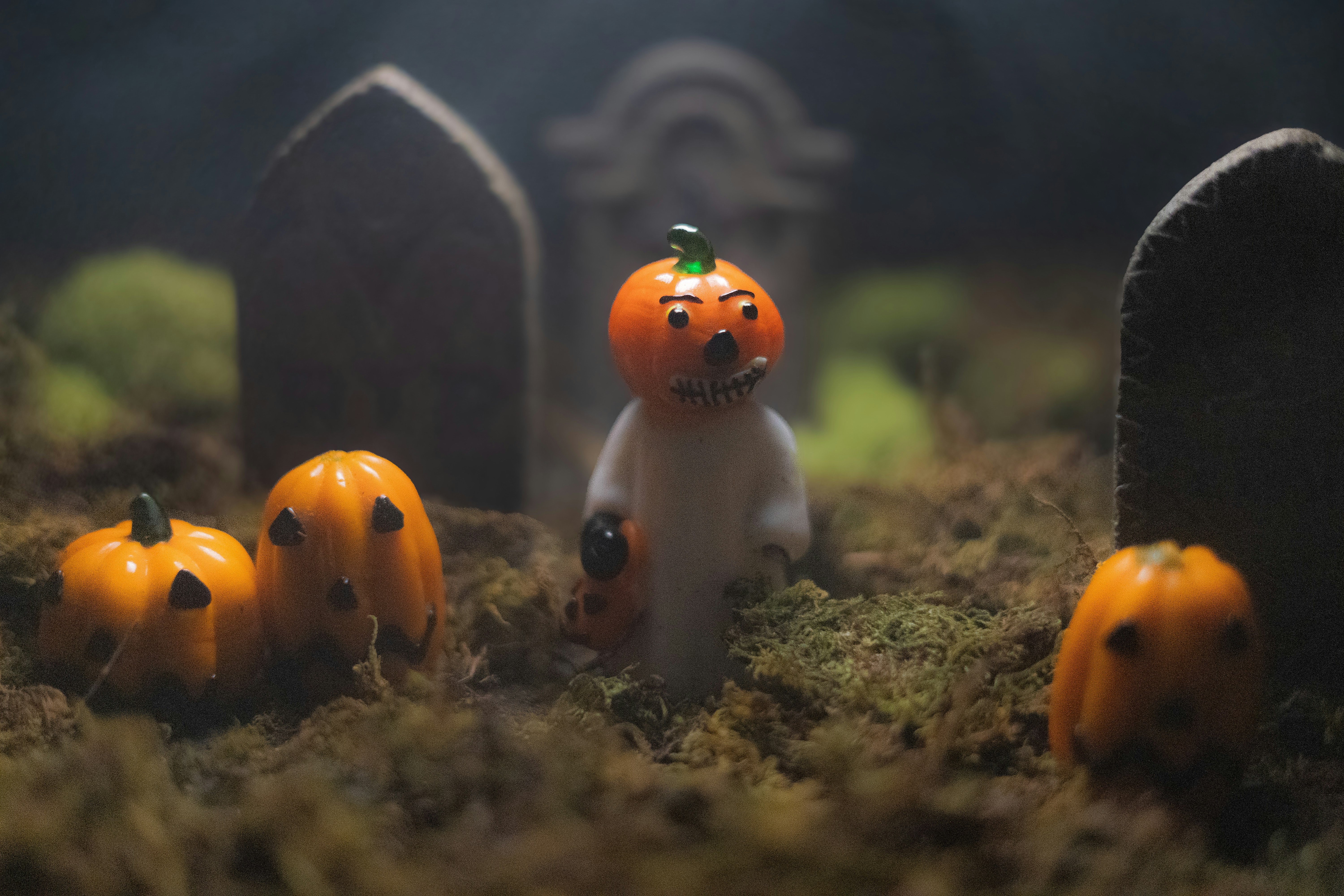 Whispers in Moss: A Tiny Ghost Among Pumpkin Sentinels