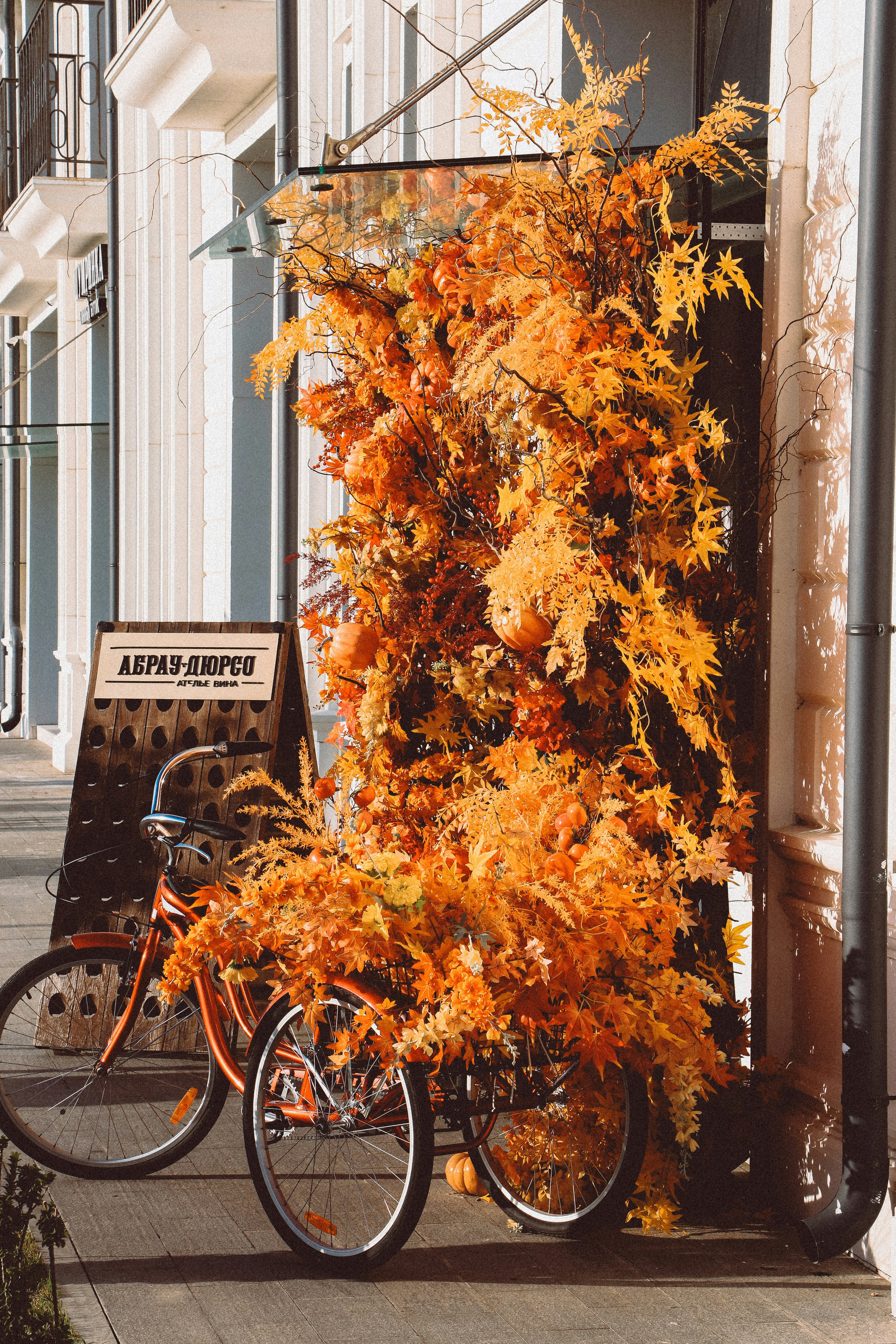 Cascading Autumn: A Bicycle Encased in a Corridor of Orange Leaves