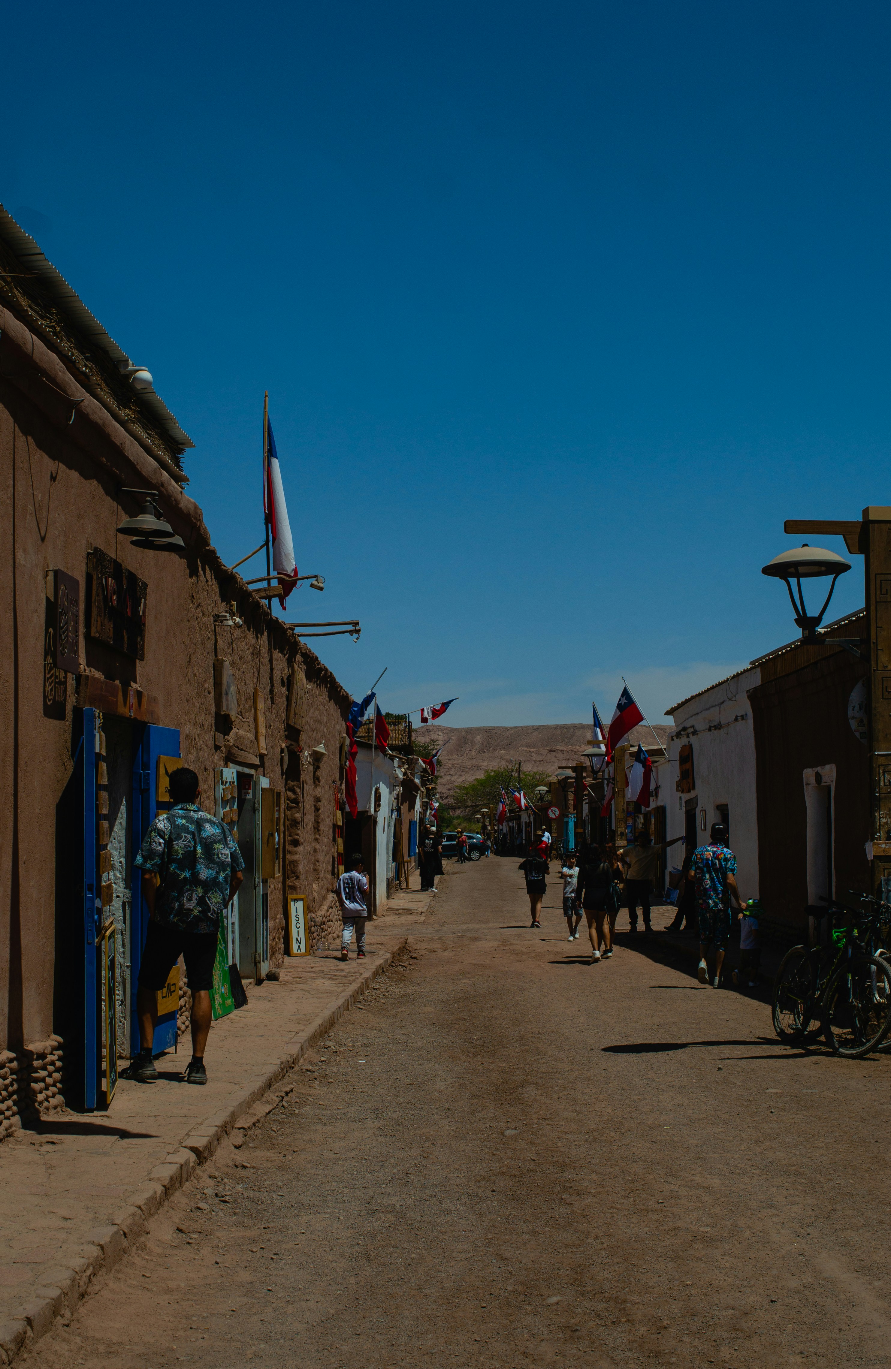 A bustling street in San Pedro de Atacama, Chile, showing a mix of locals and tourists exploring the shops and cafes. The adobe buildings with their earthy tones reflect the traditional architecture of the region, while the colorful flags add a festive atmosphere to the scene. The narrow street is alive with activity, capturing the unique charm of this desert town, known for its rich history, vibrant culture, and proximity to natural wonders.