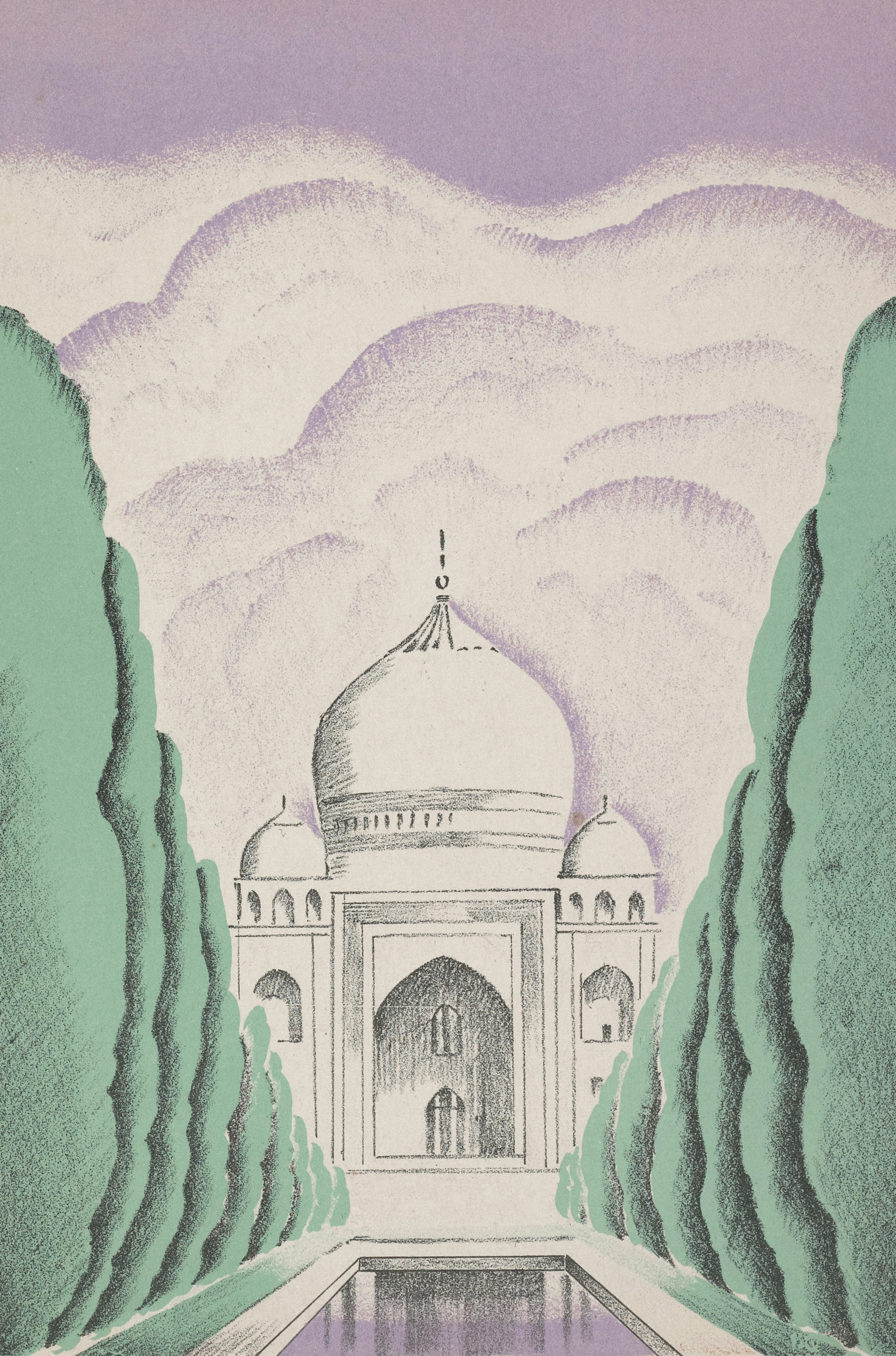 Illustration of a Taj Mahal-inspired monument framed by stylized mint-green trees and a reflective pool.