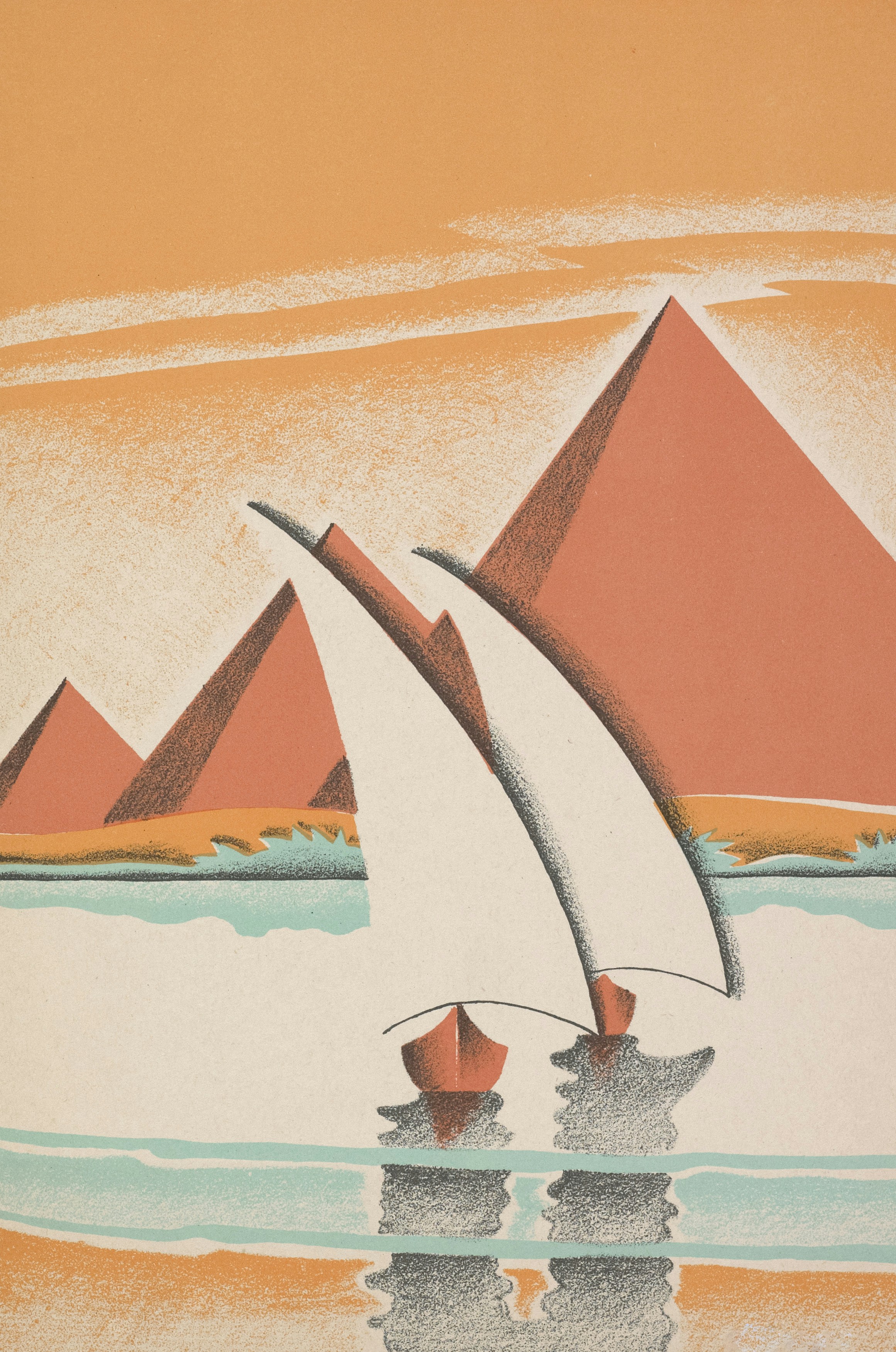 Minimalist illustrated scene of two sails gliding over calm water with distant pyramids under a warm, stylized sky. A graphic representation suitable for branding or poster art.