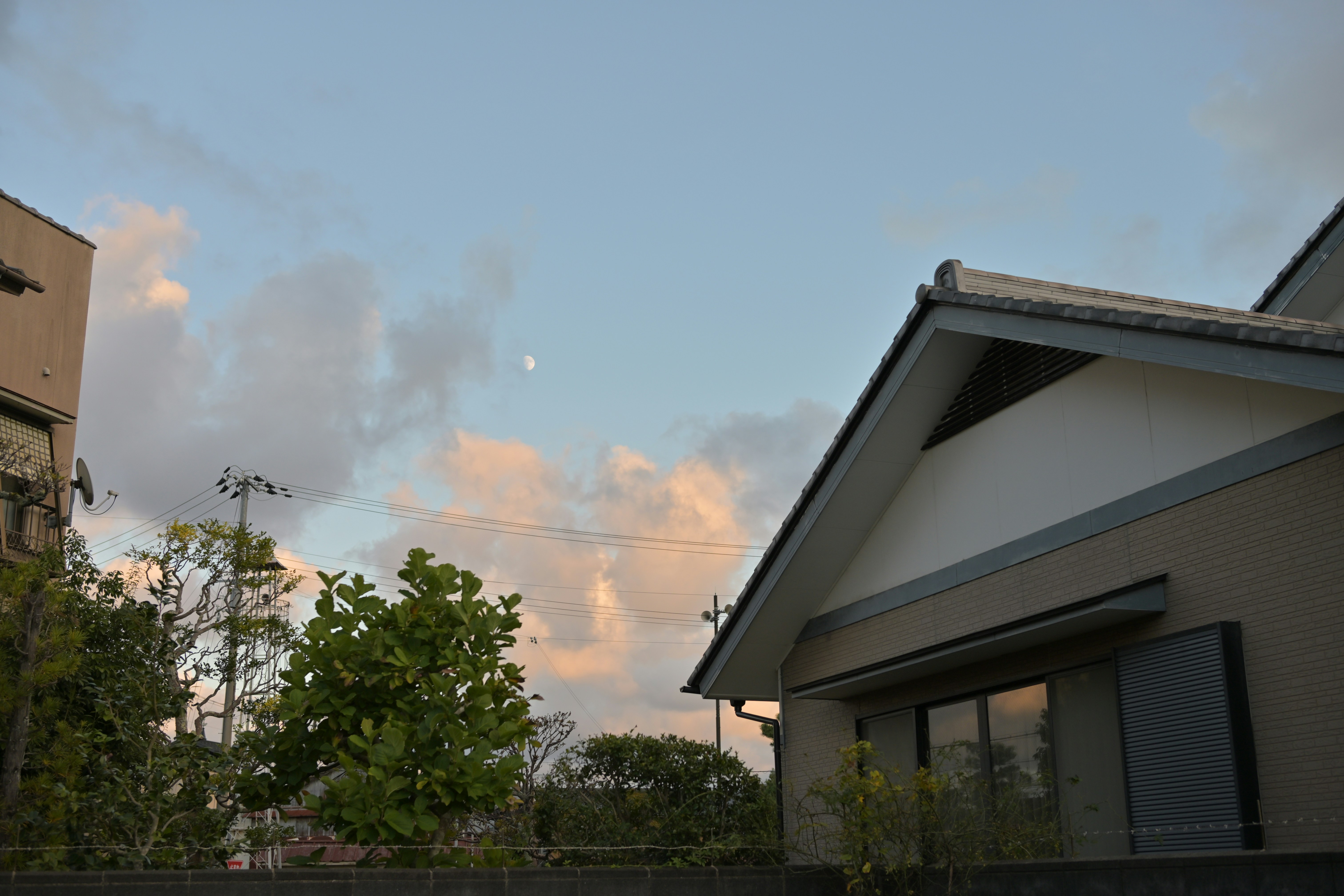Crescent moon glows above a quiet suburban roofline as dusk settles, with a tree-filled foreground and a modern house with shutters on the right.