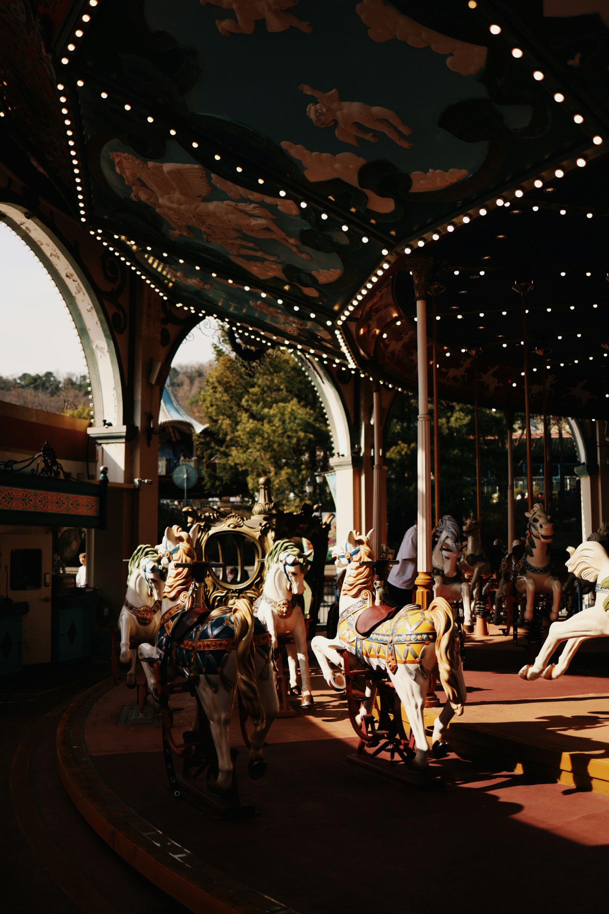 Sunlit Carousel: Prancing Horses Beneath a Loom of Warm Bulbs