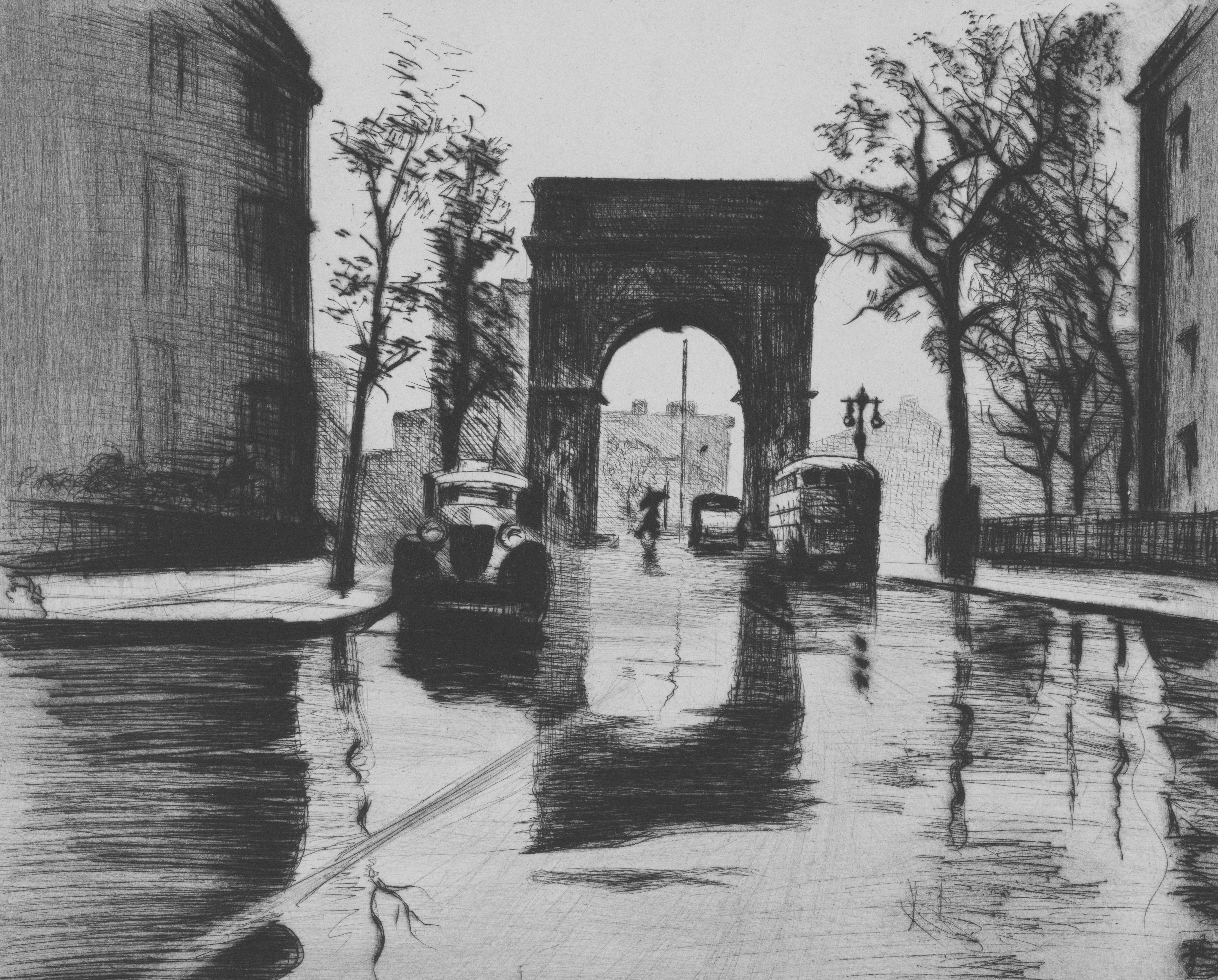 Rain-Washed Arc: A Quiet Monochrome Boulevard.