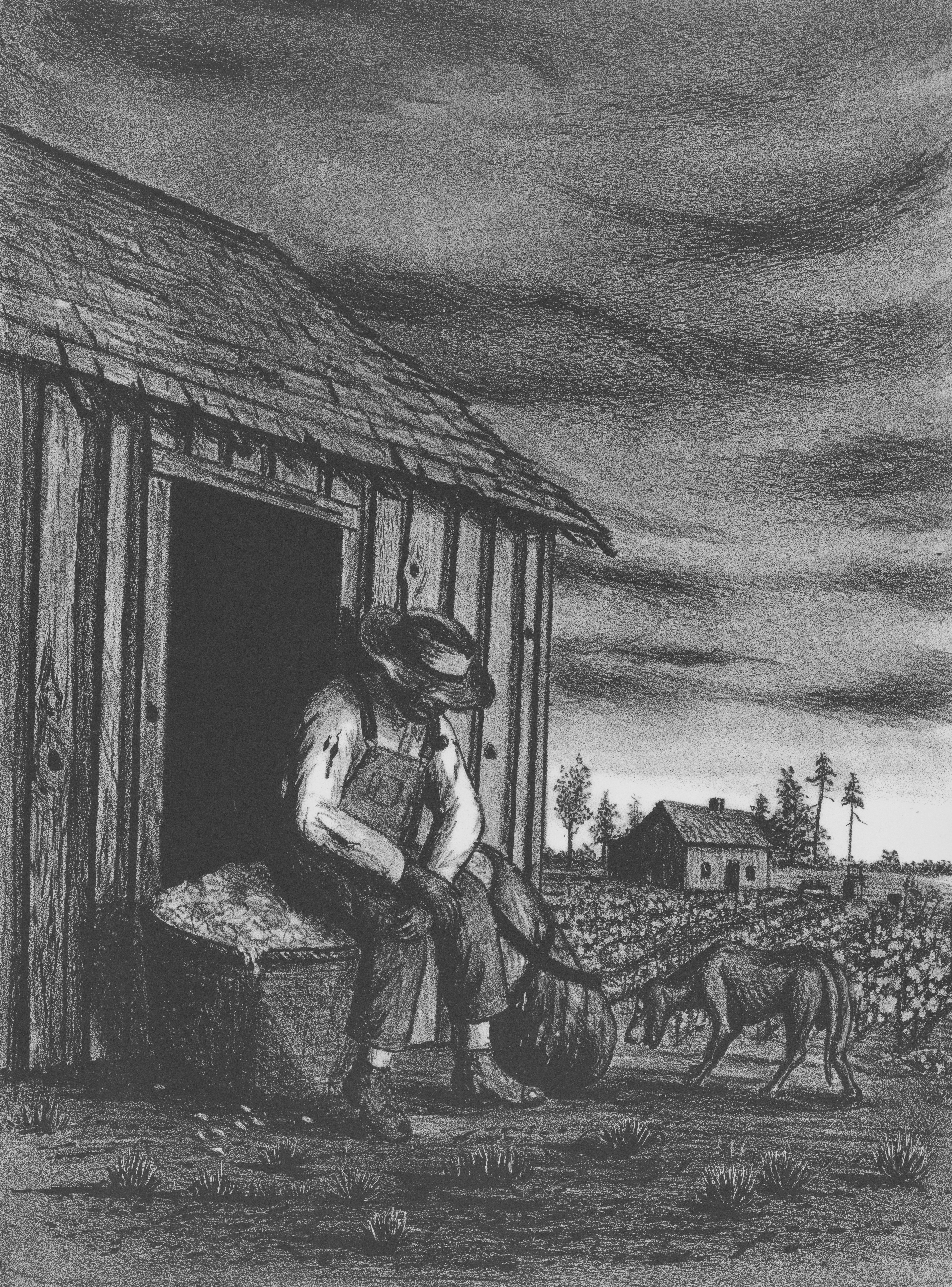 Charcoal illustration of a farmer resting by a weathered shed as a horse grazes in the distance. The scene emphasizes quiet rural labor and the expansive sky.