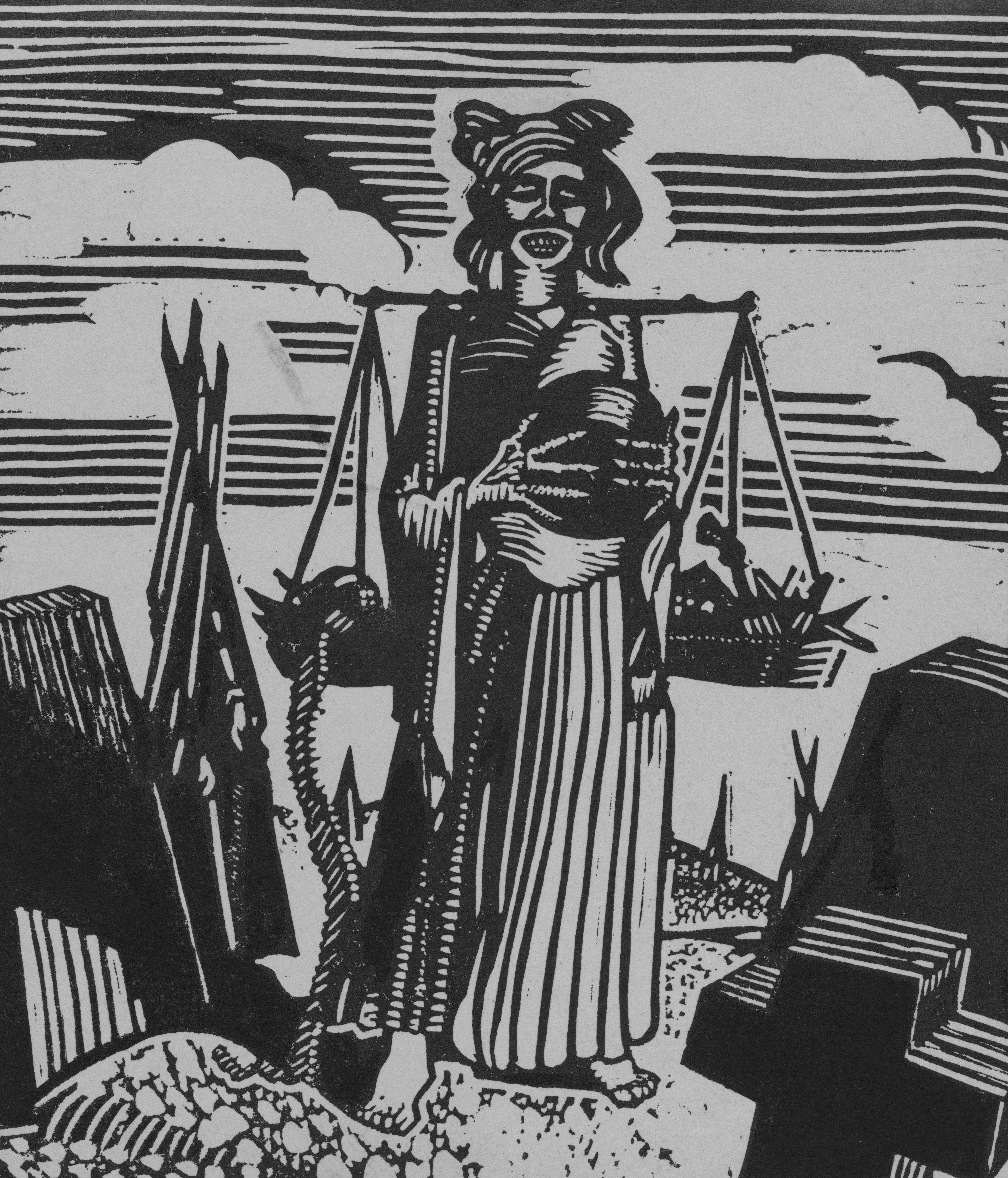 A striking woodcut illustration depicting a figure representing justice, holding scales amidst a stark landscape.