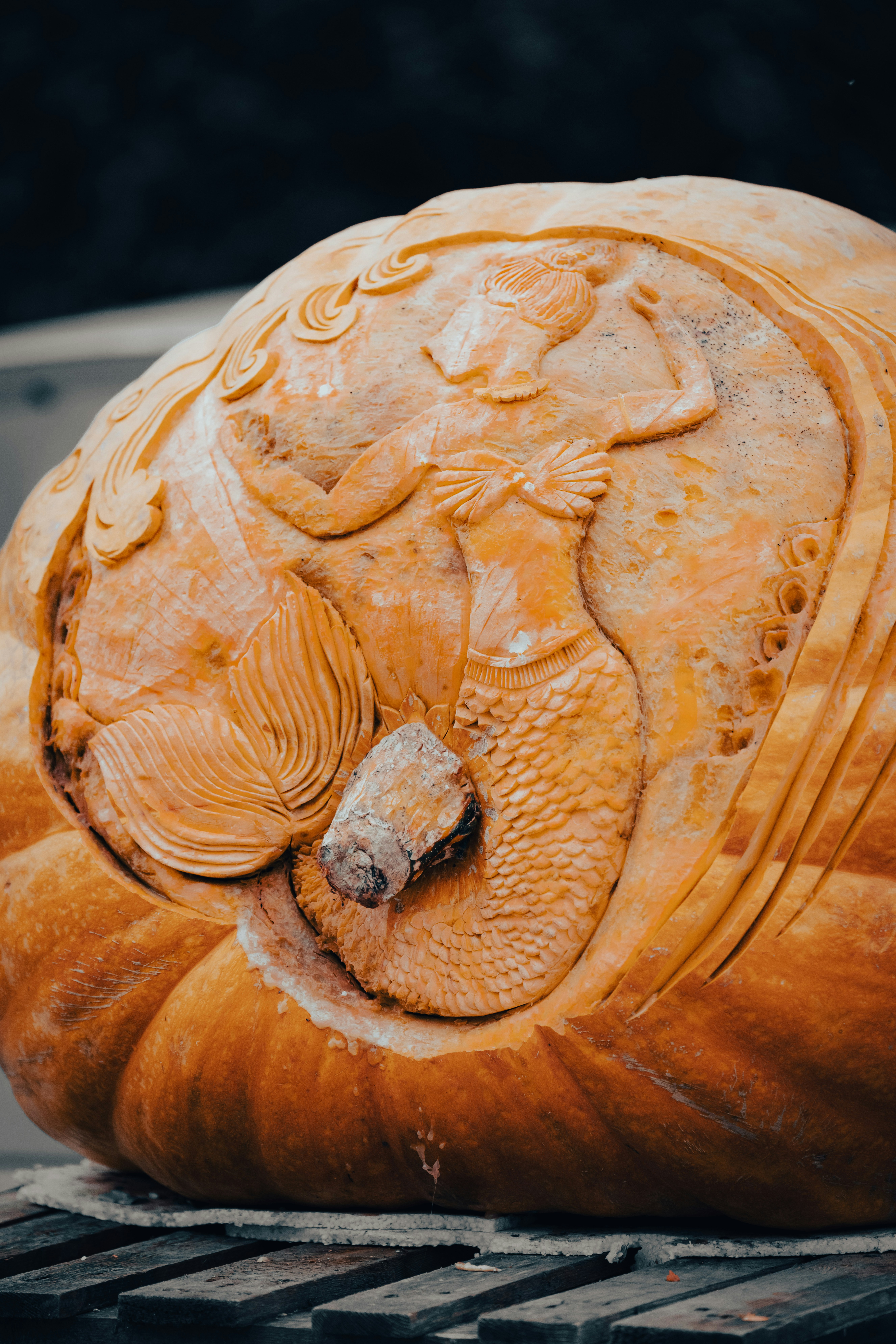 Autumn Mermaid: A Circular Pumpkin Relief Carving