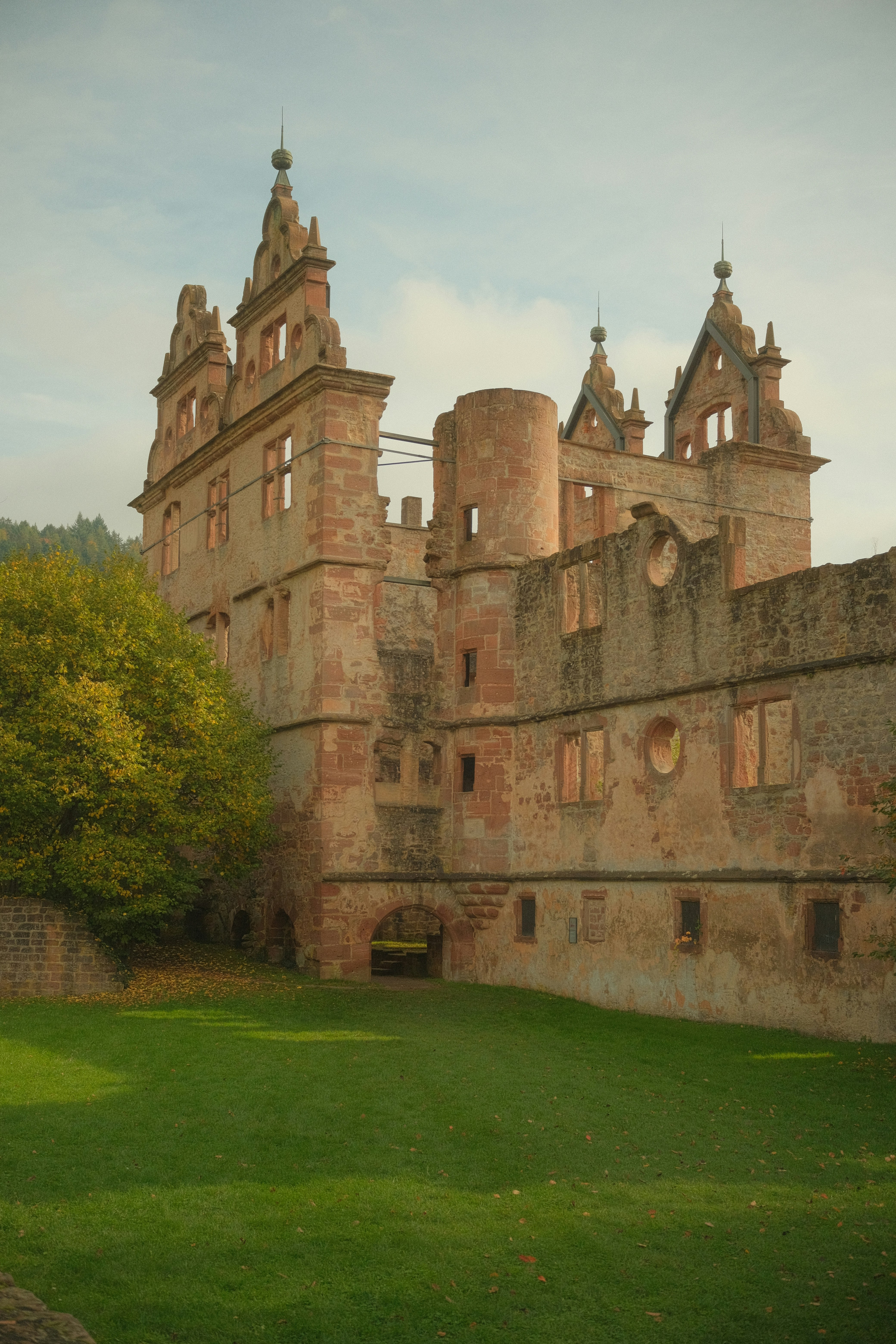 Twin-Crowned Ruins: A Red Stone Castle Over a Quiet Meadow
