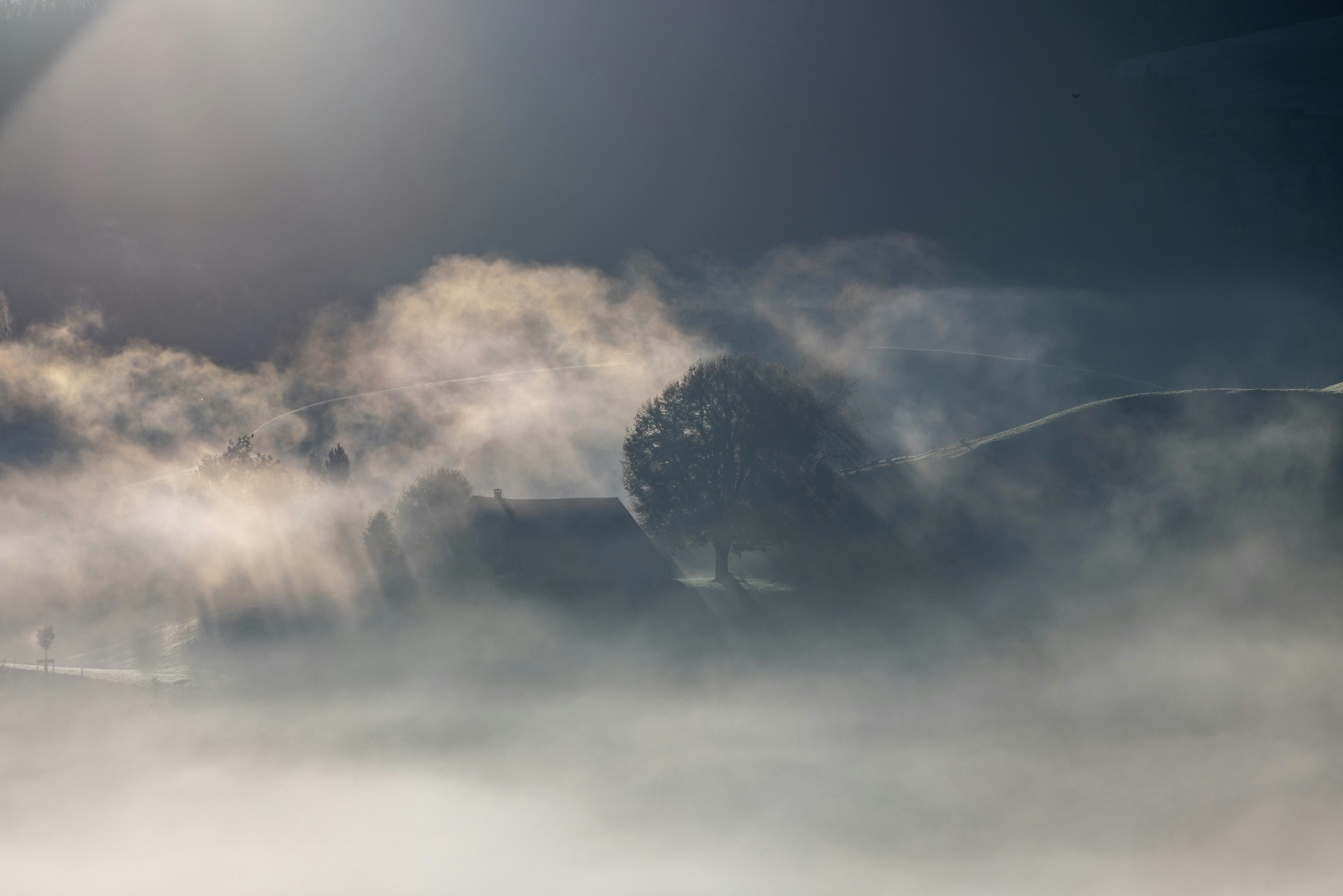 A foggy landscape with a street light in the distance photo – Free ...