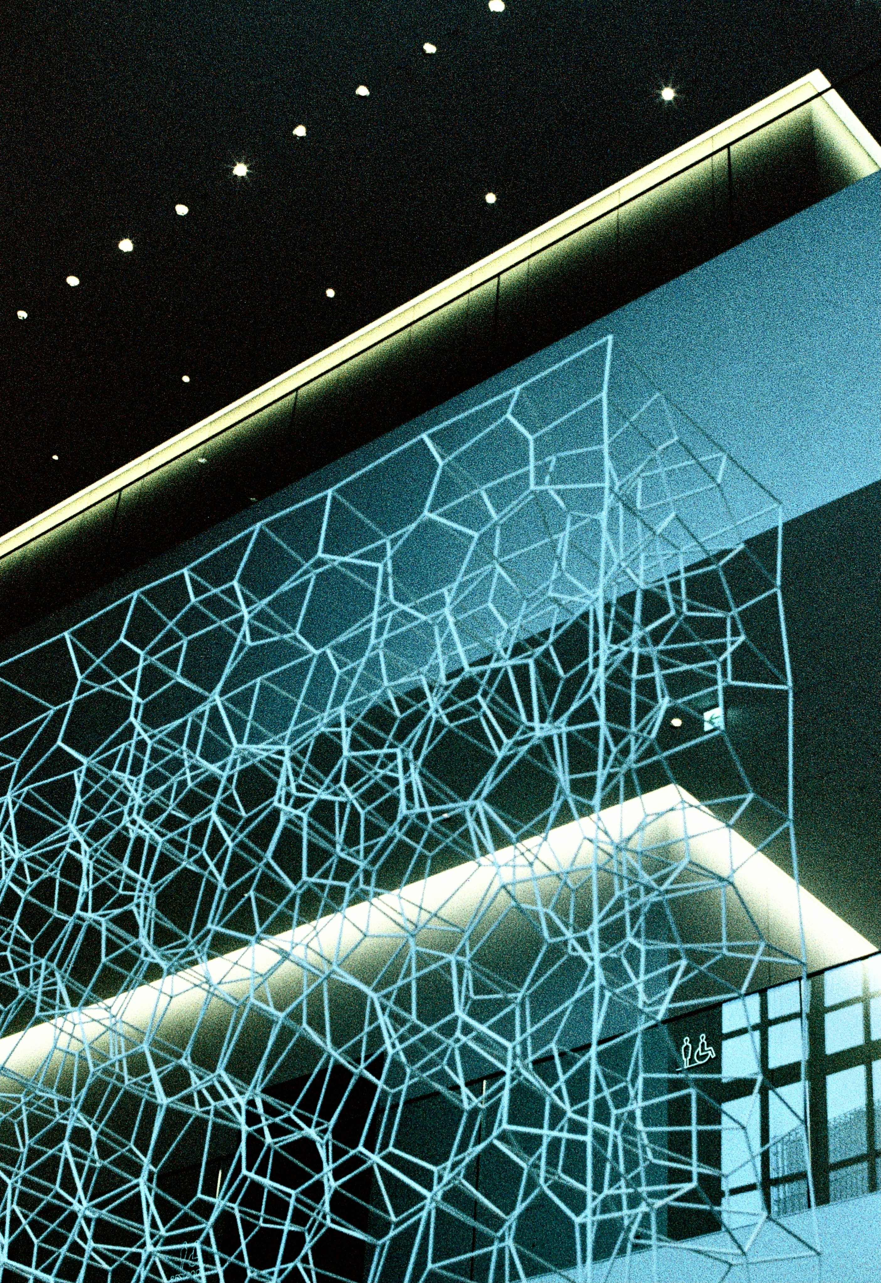 Geometric Facade: A Cyan Lattice Behind Modern Glass